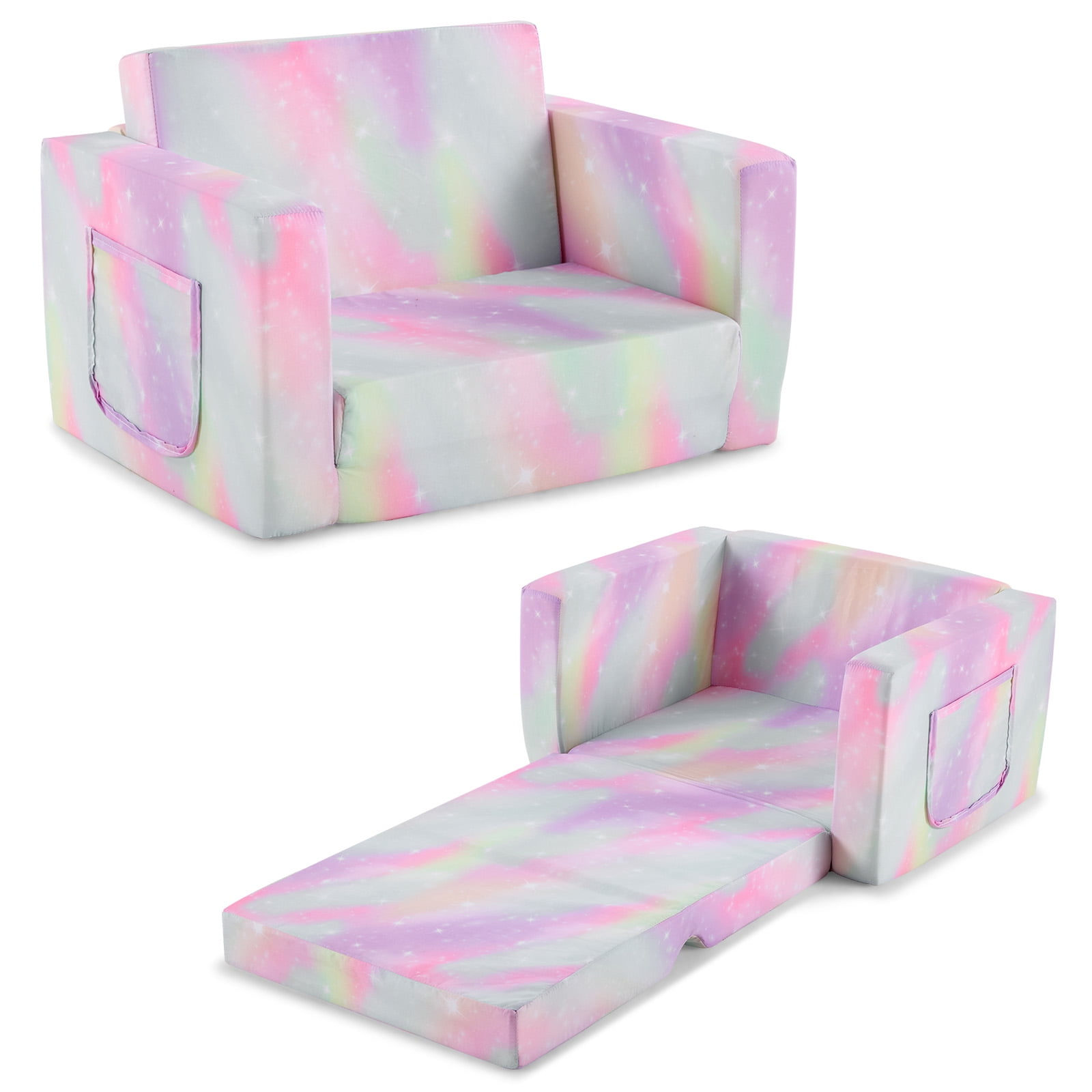 All-Sponge Kids Foldable Sofa Bed, 2-in-1 Slant Peach Fabric Chaise ...