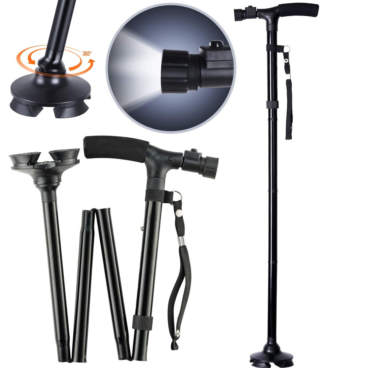 All Terrain LED Folding Walking Cane- 6 Ultra Bright Built-In LEDs ...