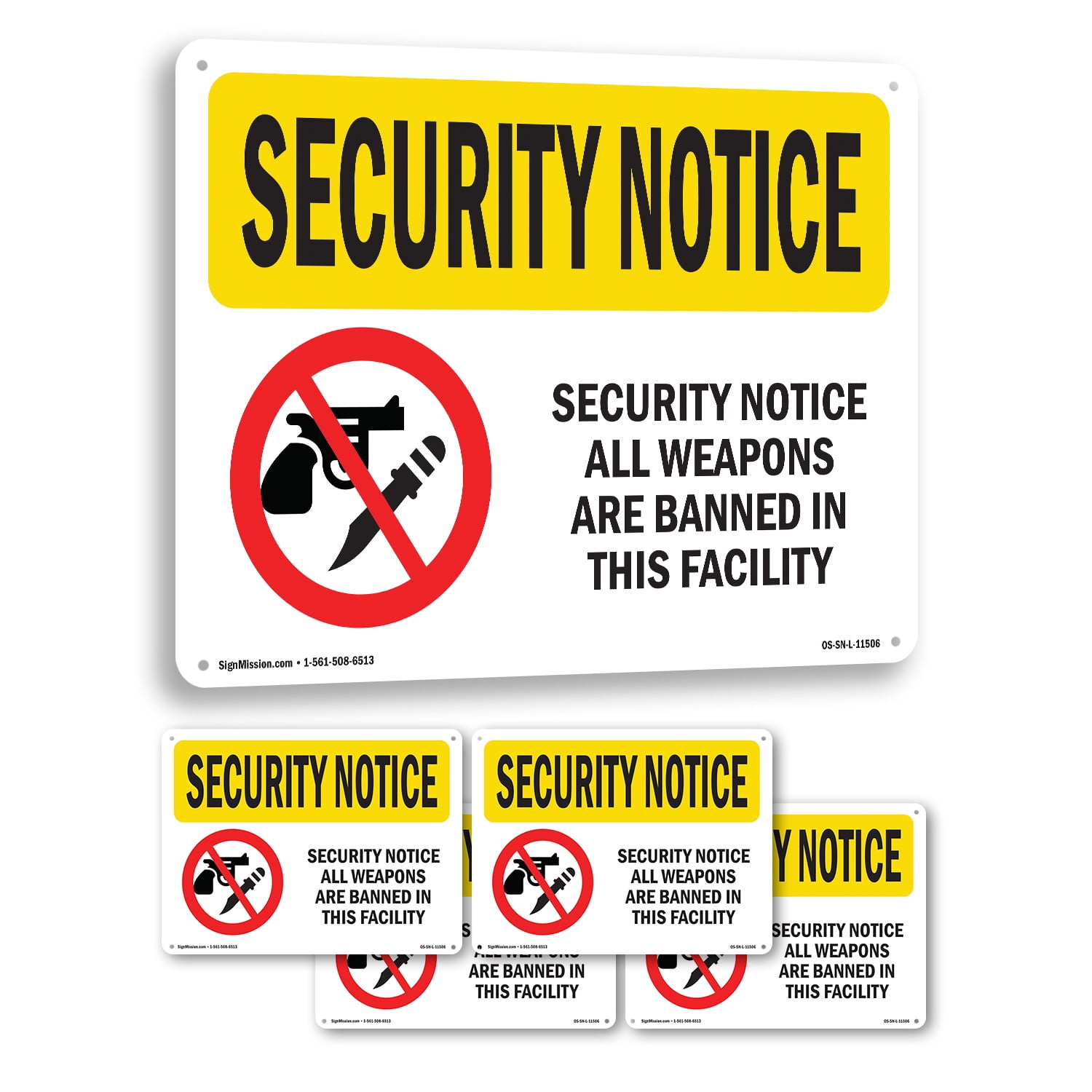 All Weapons Are Banned With Symbol OSHA Security Notice Aluminum Sign ...