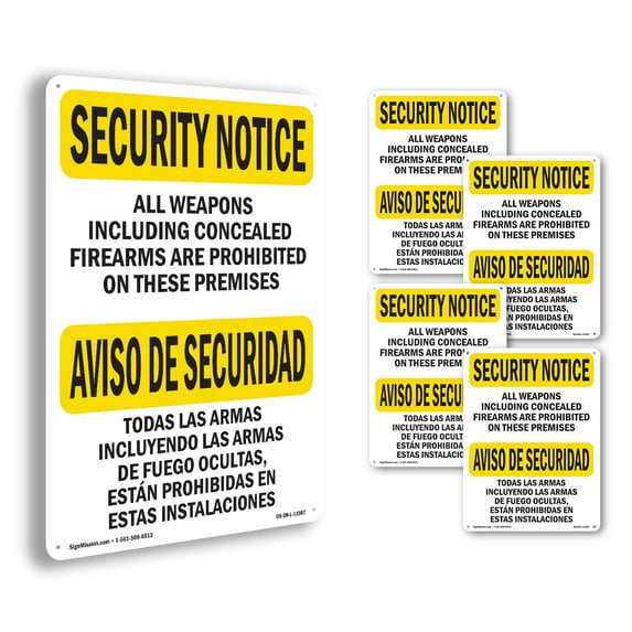 All Weapons Prohibited Bilingual OSHA Security Notice Aluminum Sign 24 ...
