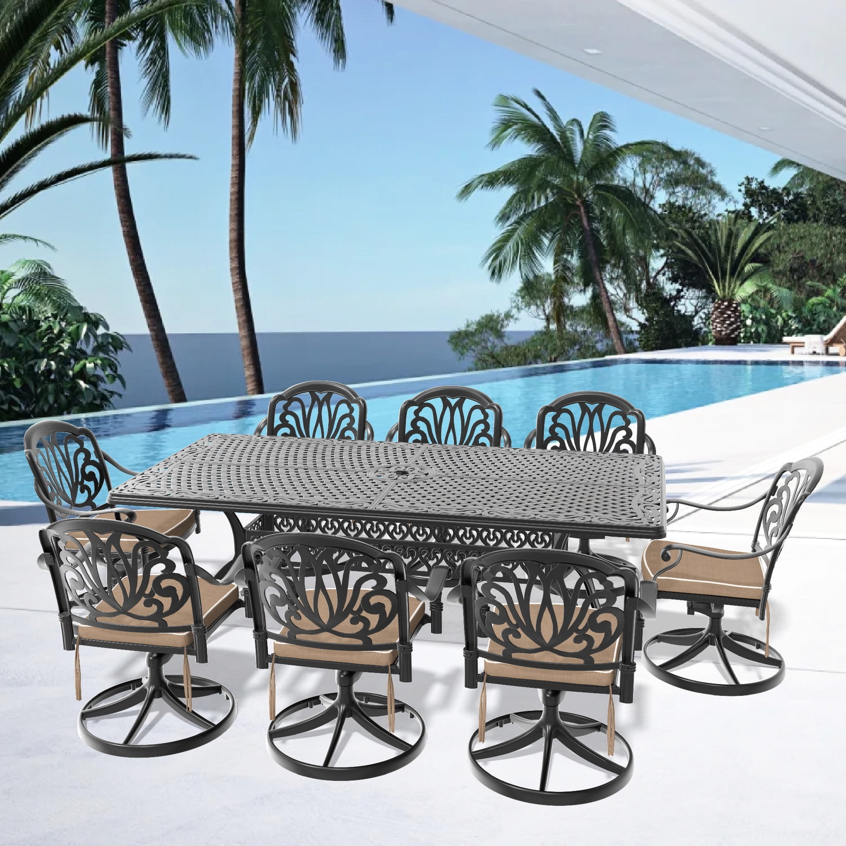 All-Weather 9-Piece Dining Set, Black Frame & 8 Swivel Chairs | High ...