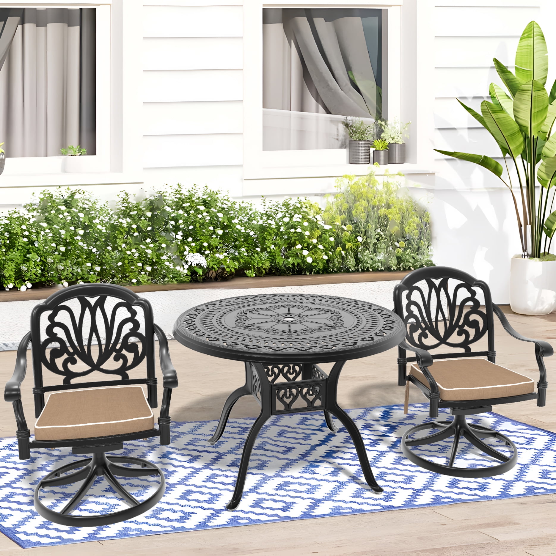 All-Weather Cast Aluminum Outdoor Dining Set with 2 Swivel Chairs & 40 ...