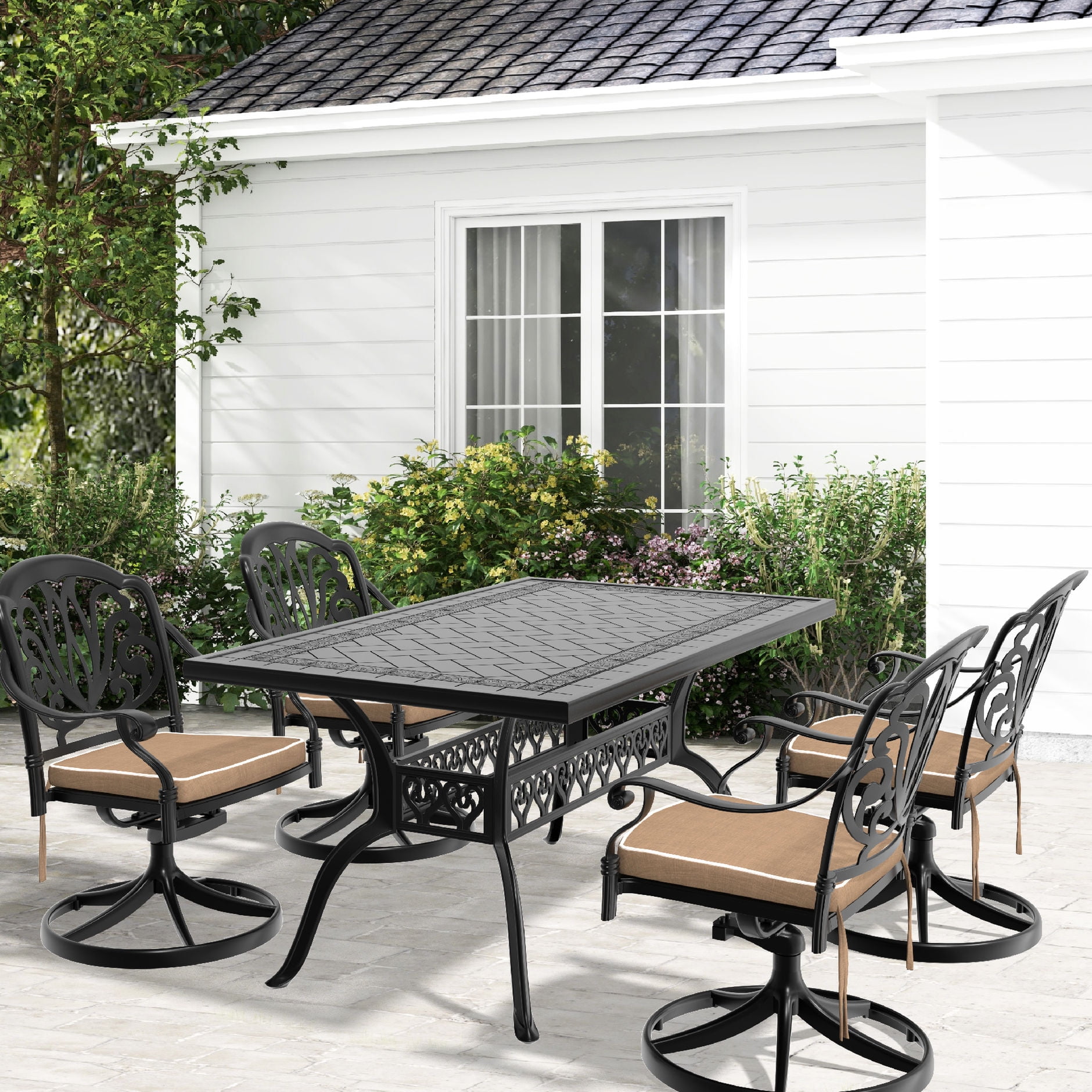 All-Weather Cast Aluminum Set - 4 Swivel Chairs, Rectangular Table ...