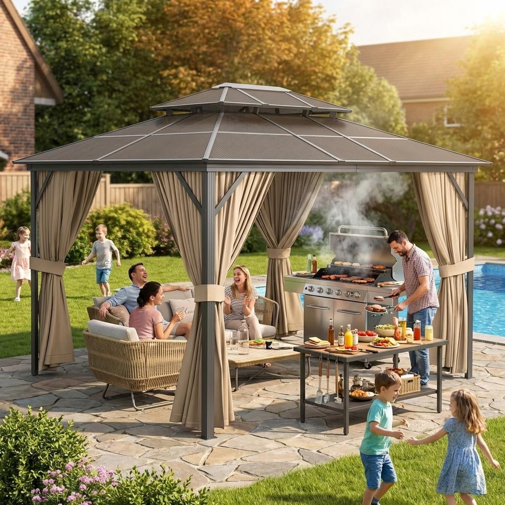 All-Weather Hardtop Gazebo with Sturdy Aluminum Frame, Curtains ...