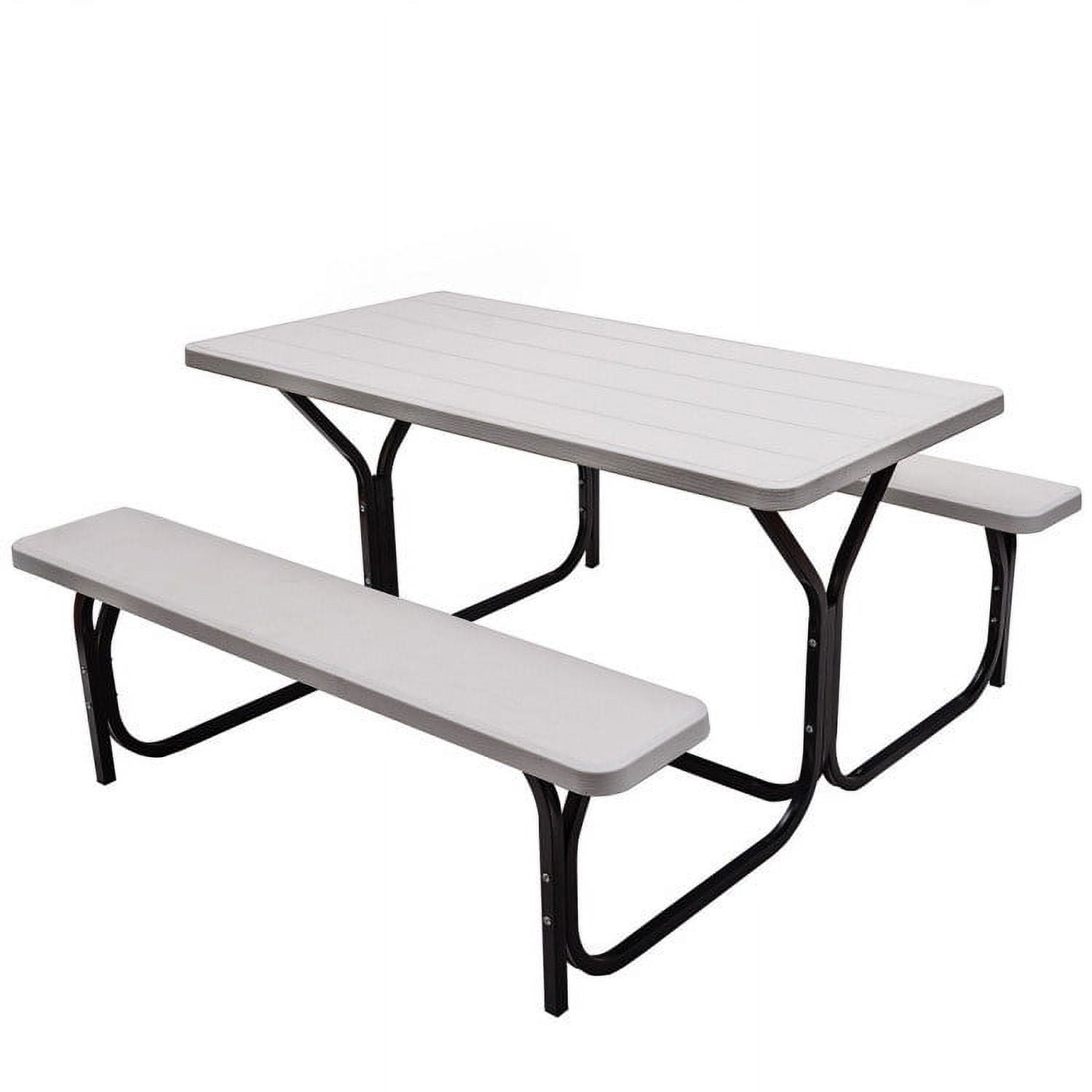 All Weather Outdoor Picnic Table Bench Set with Metal Base Wood ...