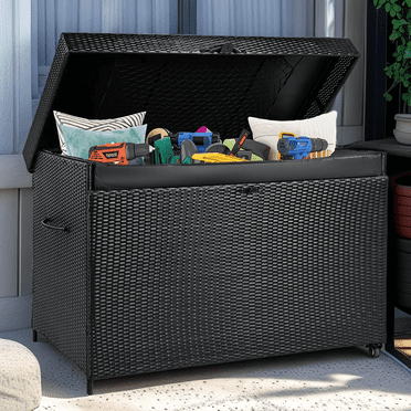 Dextrus 230 Gal. Black Wicker Outdoor Storage Box, Waterproof Rattan ...