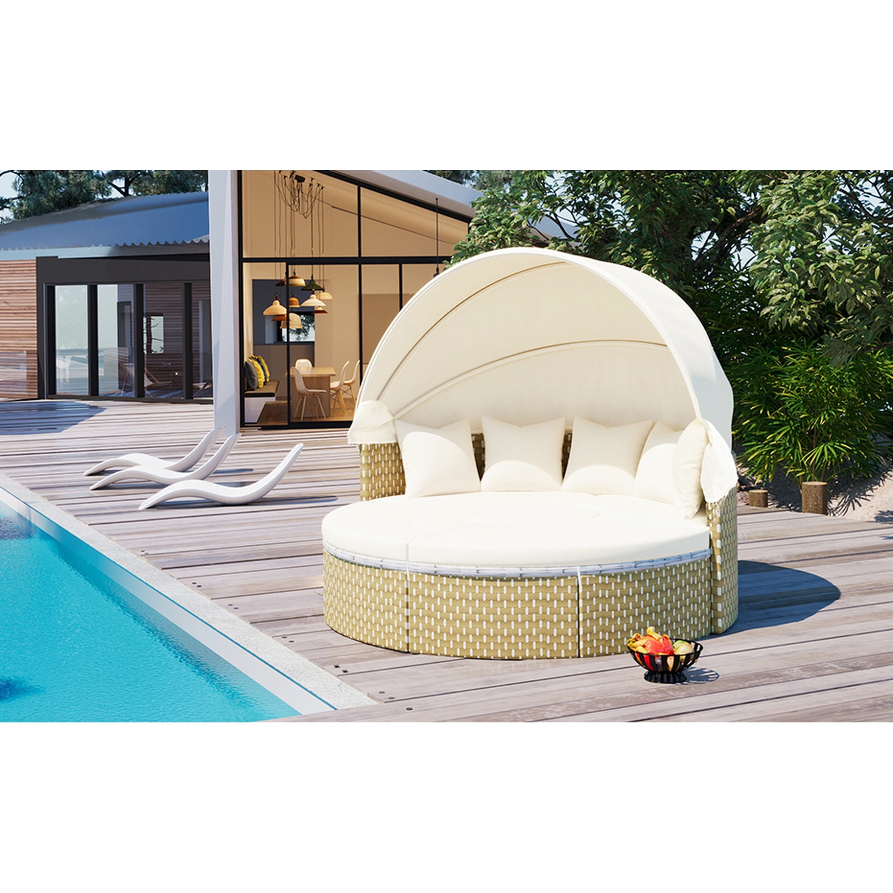 All-Weather PE Rattan, Retractable Canopy - Round Sectional Sofa for ...