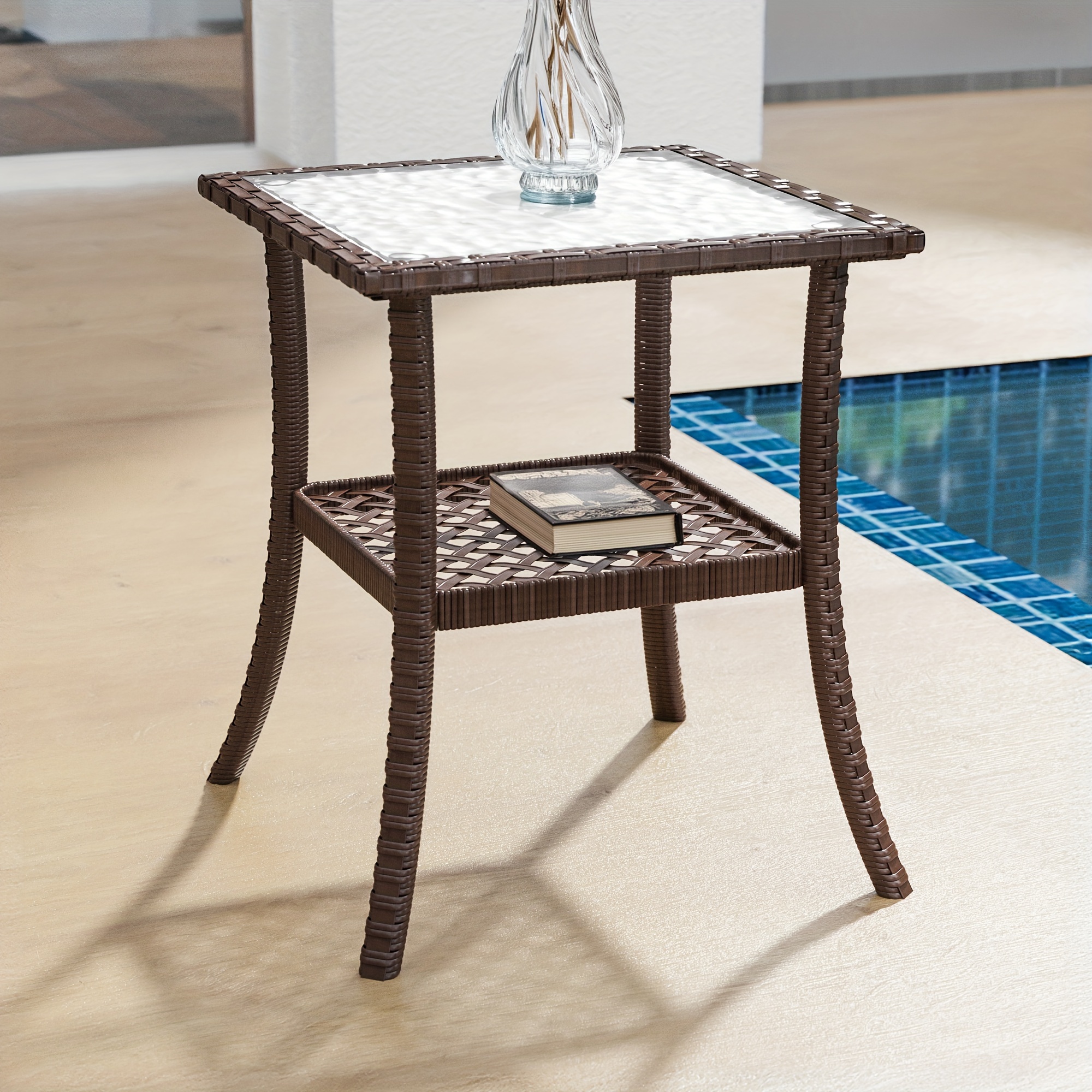 All-Weather PE Wicker Small Round Patio Table with Tempered Glass Top ...
