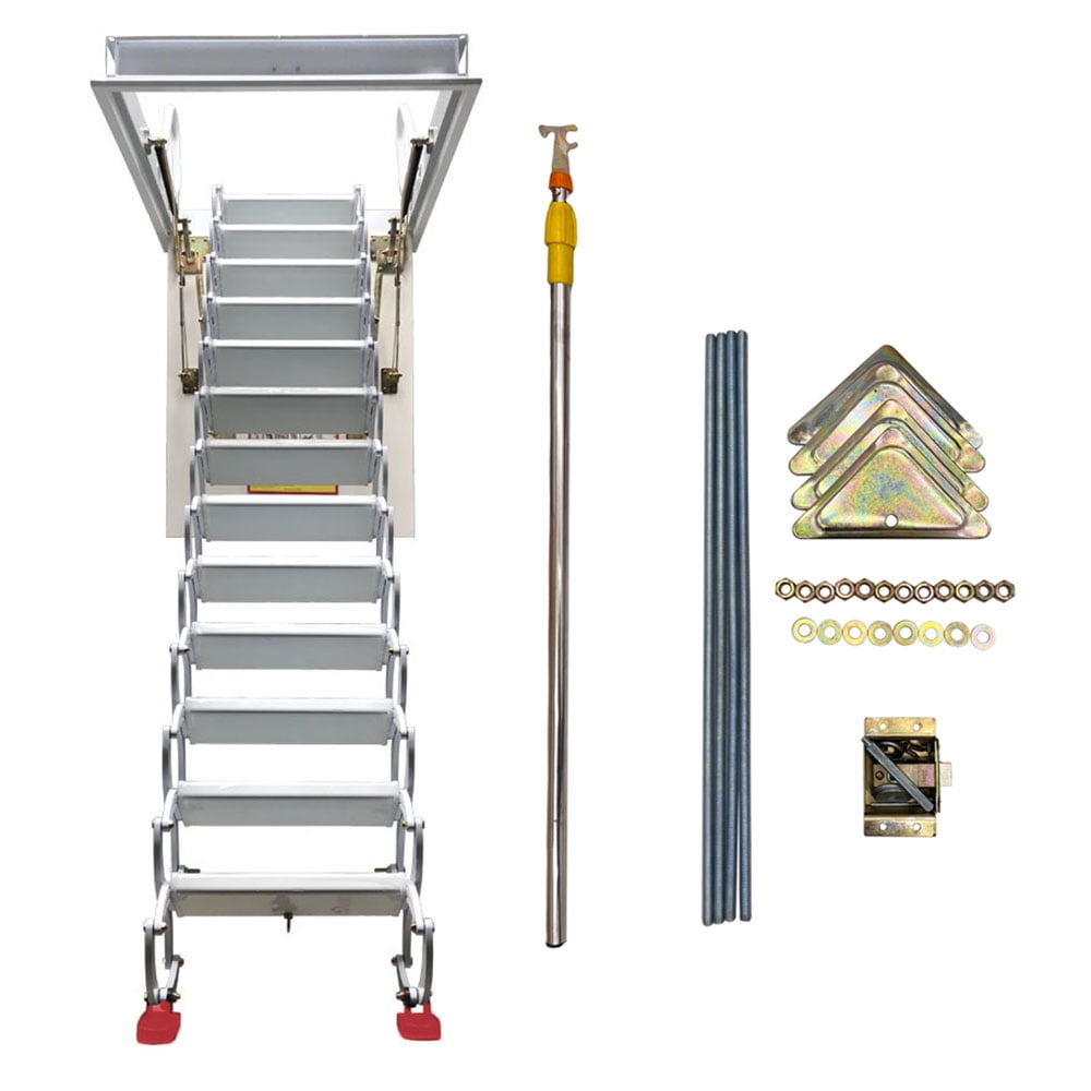 All White Retractable Folding Stairs 13 Steps Al-Mg Alloy Attic ...