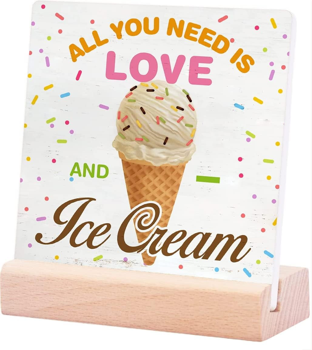 All You Need is Love & Ice Cream Ceramic Table Plaque with Wooden Stand ...