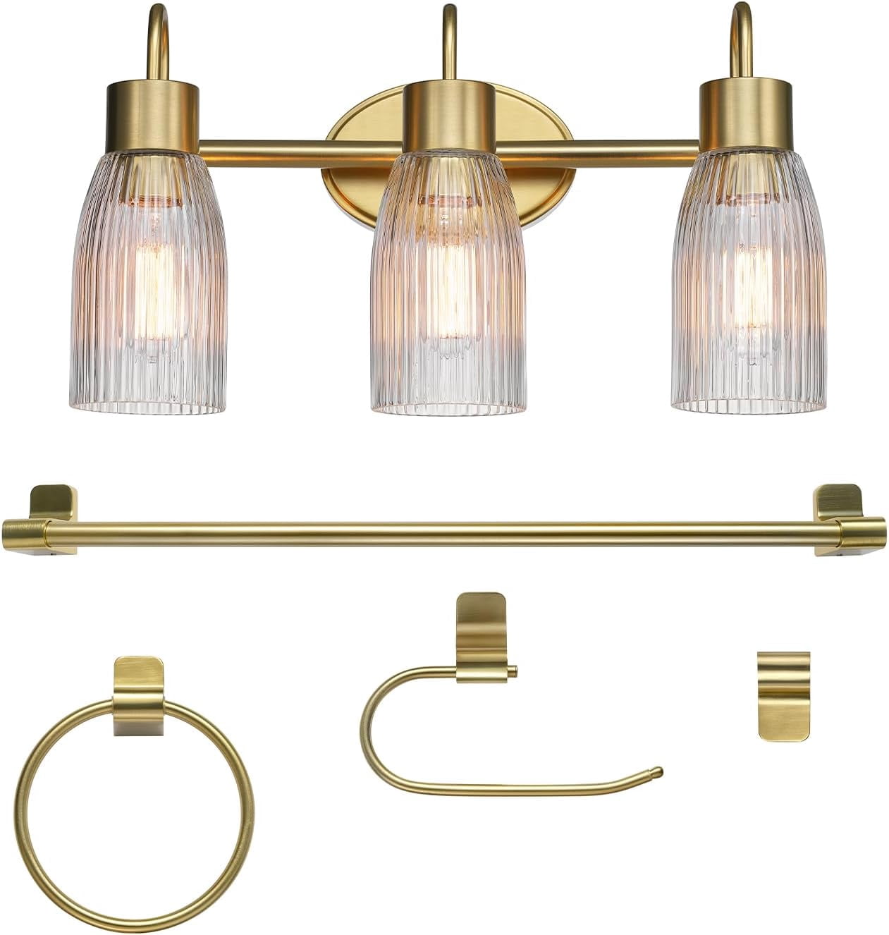 All-in- Bathroom Accessory Set with Vanity Light Matte Brass Ribbed ...