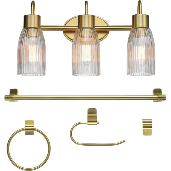 All-in- Bathroom Accessory Set with Vanity Light Matte Brass Ribbed ...