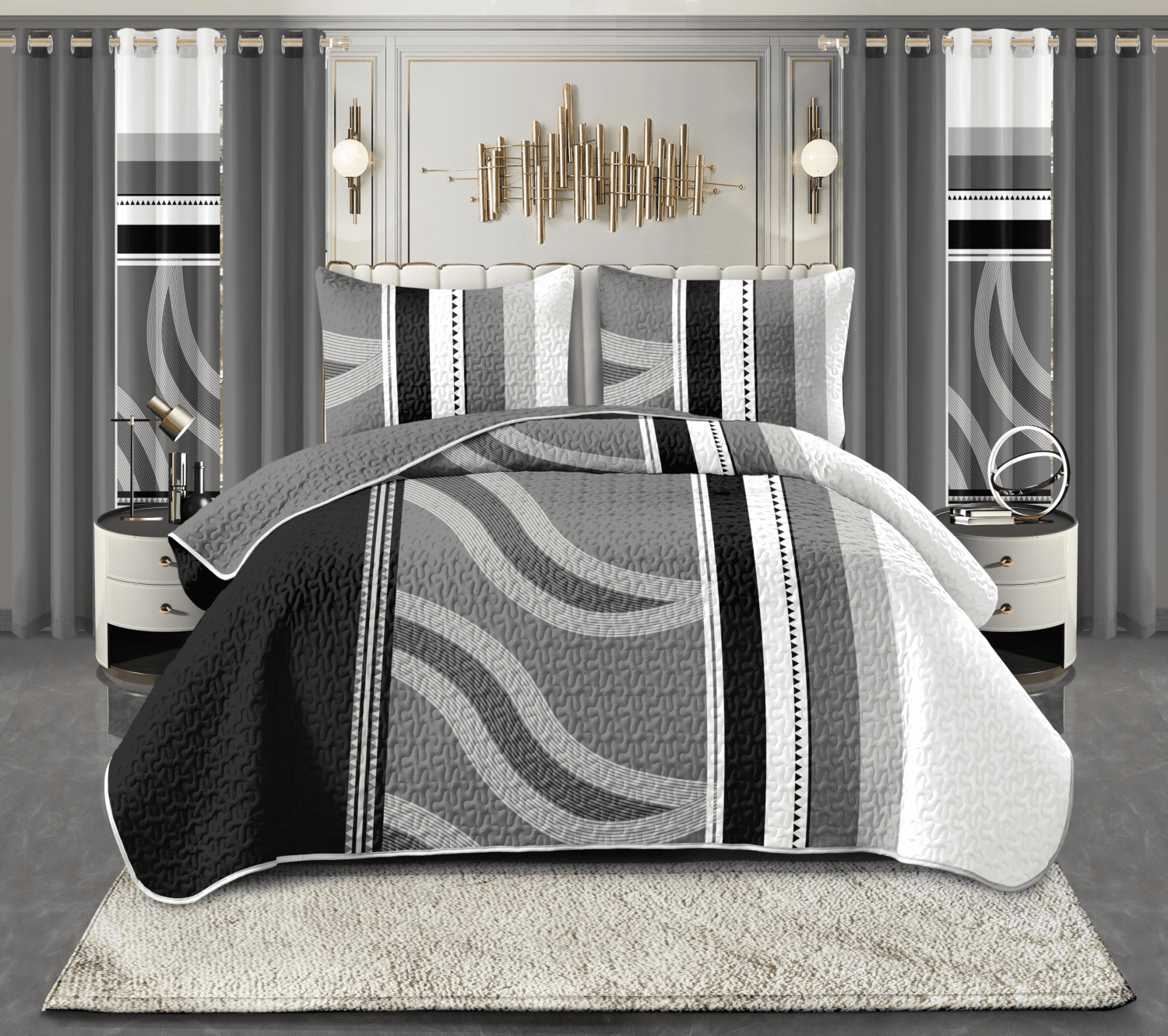 All-in-One 9-Piece Bedspread & Curtain Set, Super Soft for Year-Round ...