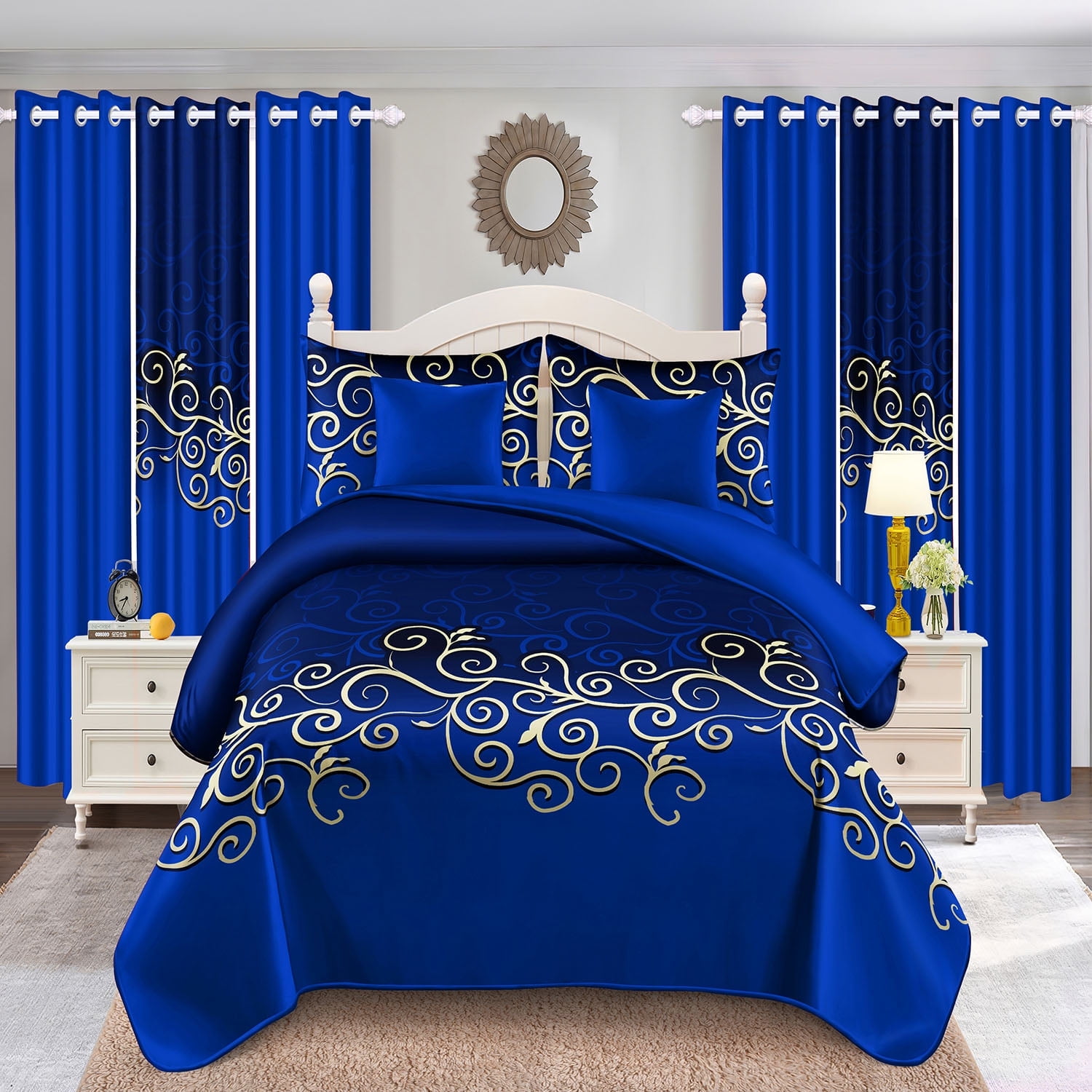 All-in-One 9-Piece Bedspread & Curtain Set, Super Soft for Year-Round Comfort, Fits Queen/King ...