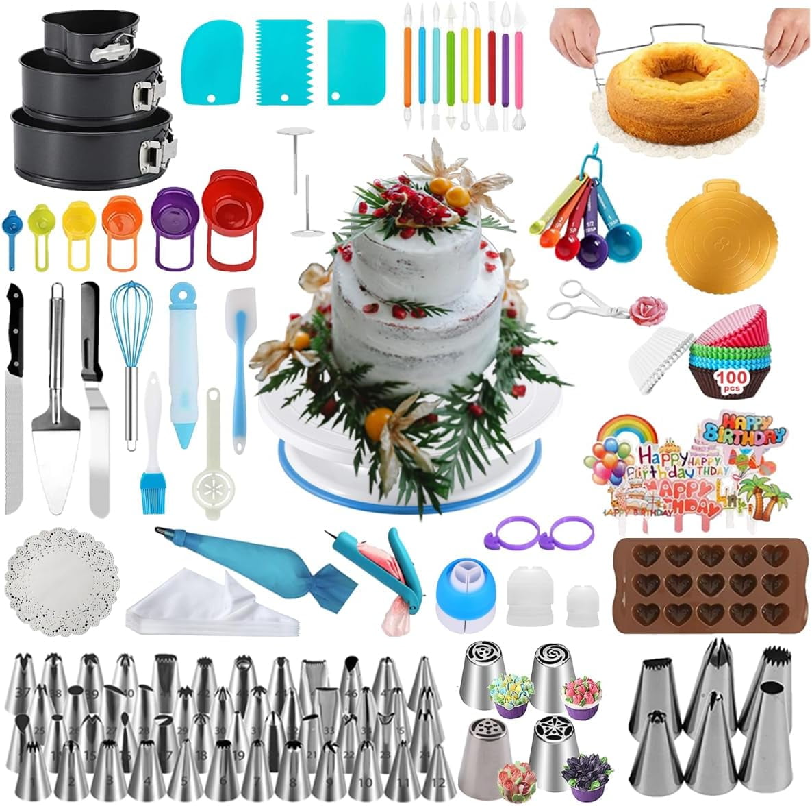 All-in-One Cake Decorating Solution: 398PCS Pro Kit with Turntable Stand, 3 Pans, 48 Tips ...