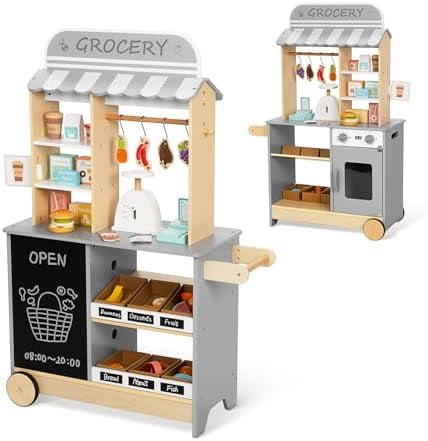 All-in-One Grocery Store Pretend Play with Chalkboards, Reversible Kids ...