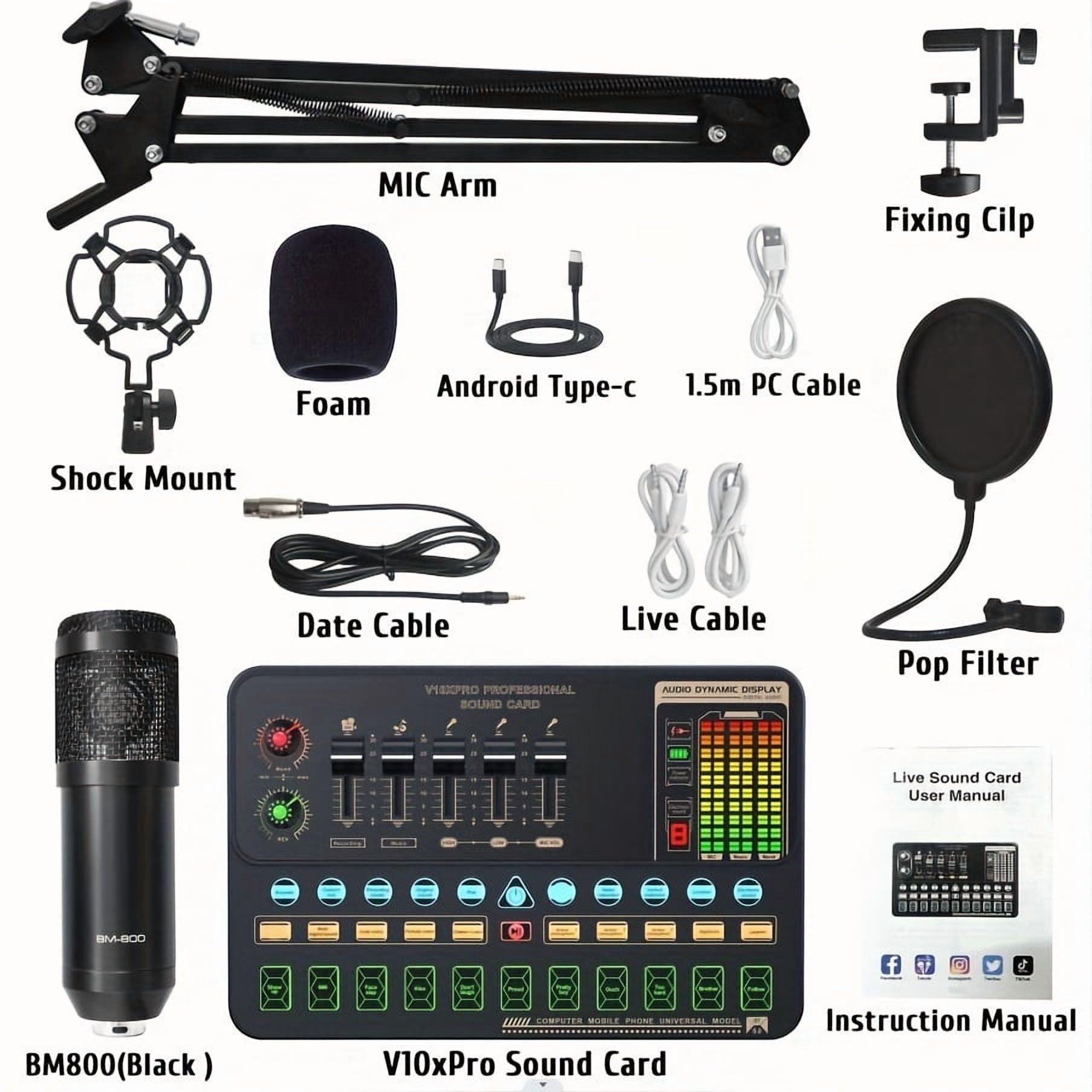All-in-One Podcast Bundle: V8s Audio Interface, BM800 Condenser Mic, 4 Sound Modes & 10 Effects ...