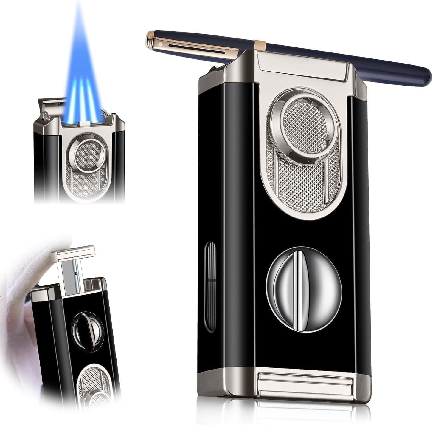 All-in-One Triple Torch Lighter, Built-in V Cutter, Holder, Adjustable ...
