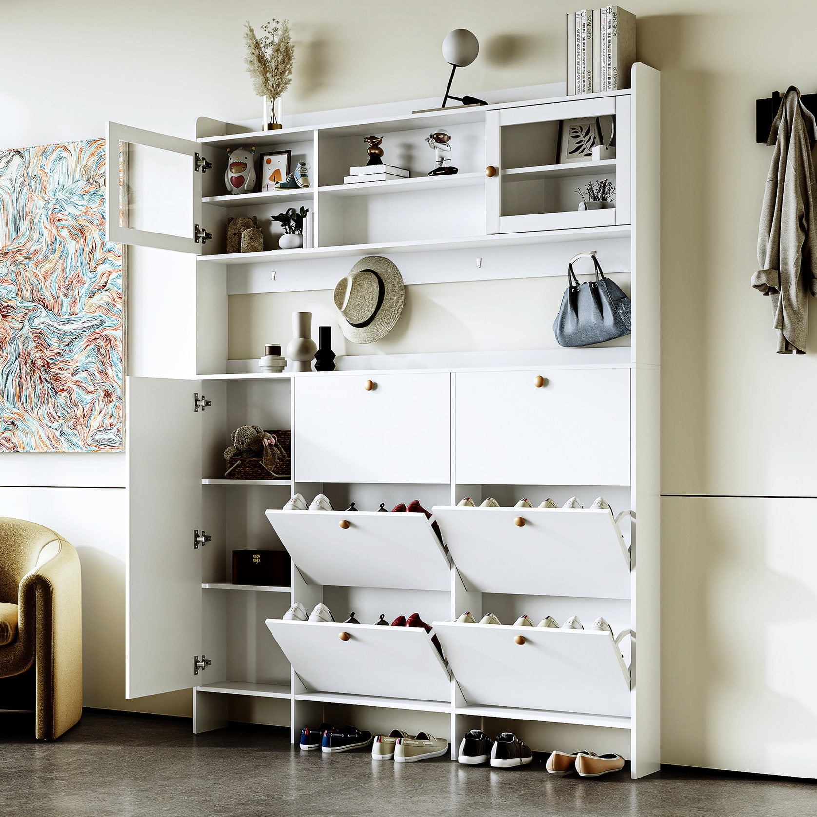 All - in - one hall tree shoe cabinet | Combine shoe rack, bookshelf ...