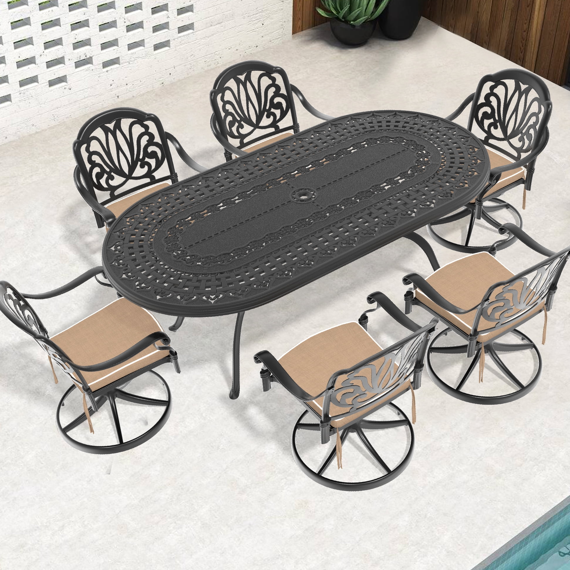 All-weather 7 Dining : 6 Swivel Chairs & Oval Table In Cast Aluminum ...