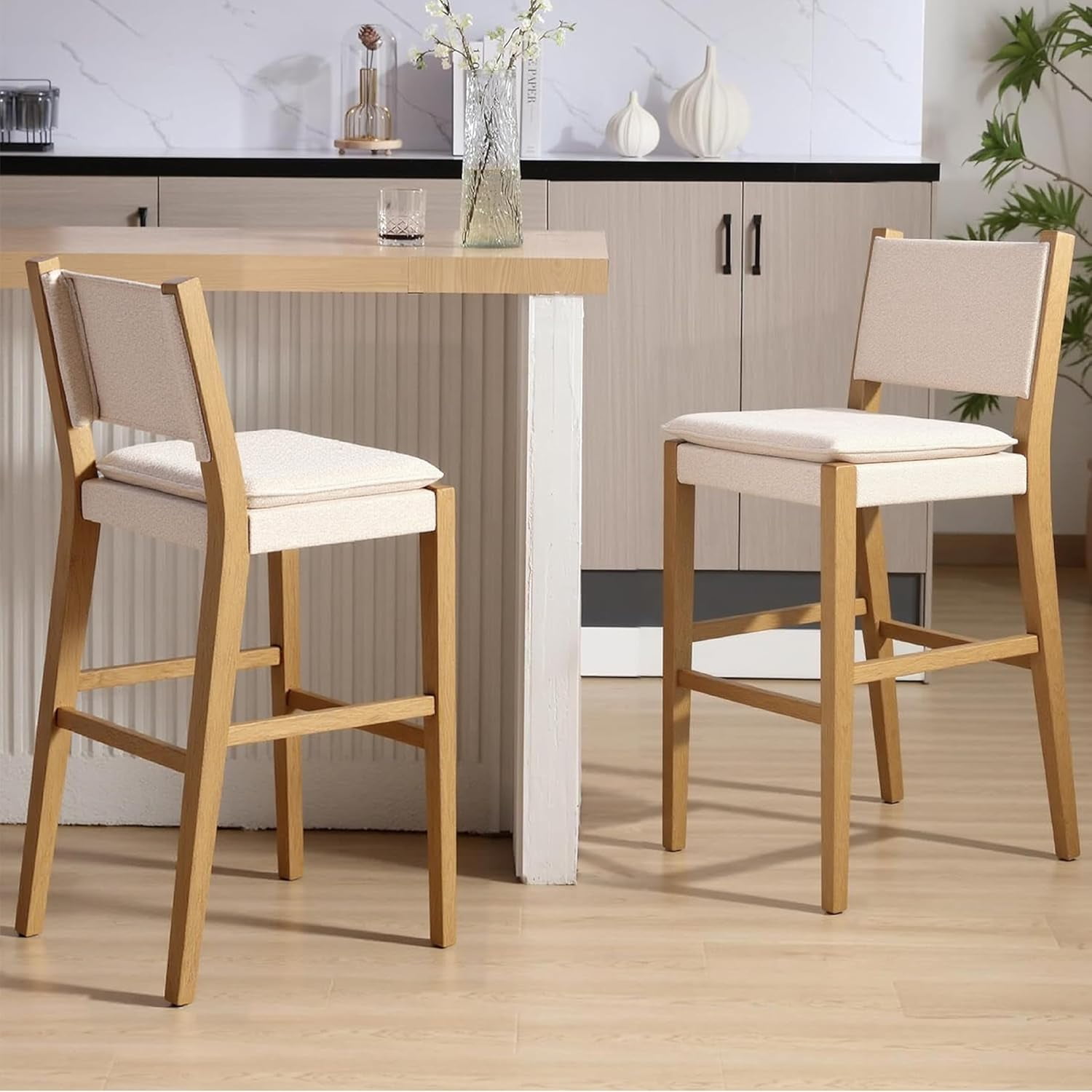 AllForWood Jayden Premium Solid Wood Mid-Century Upholstered Bar Stools ...