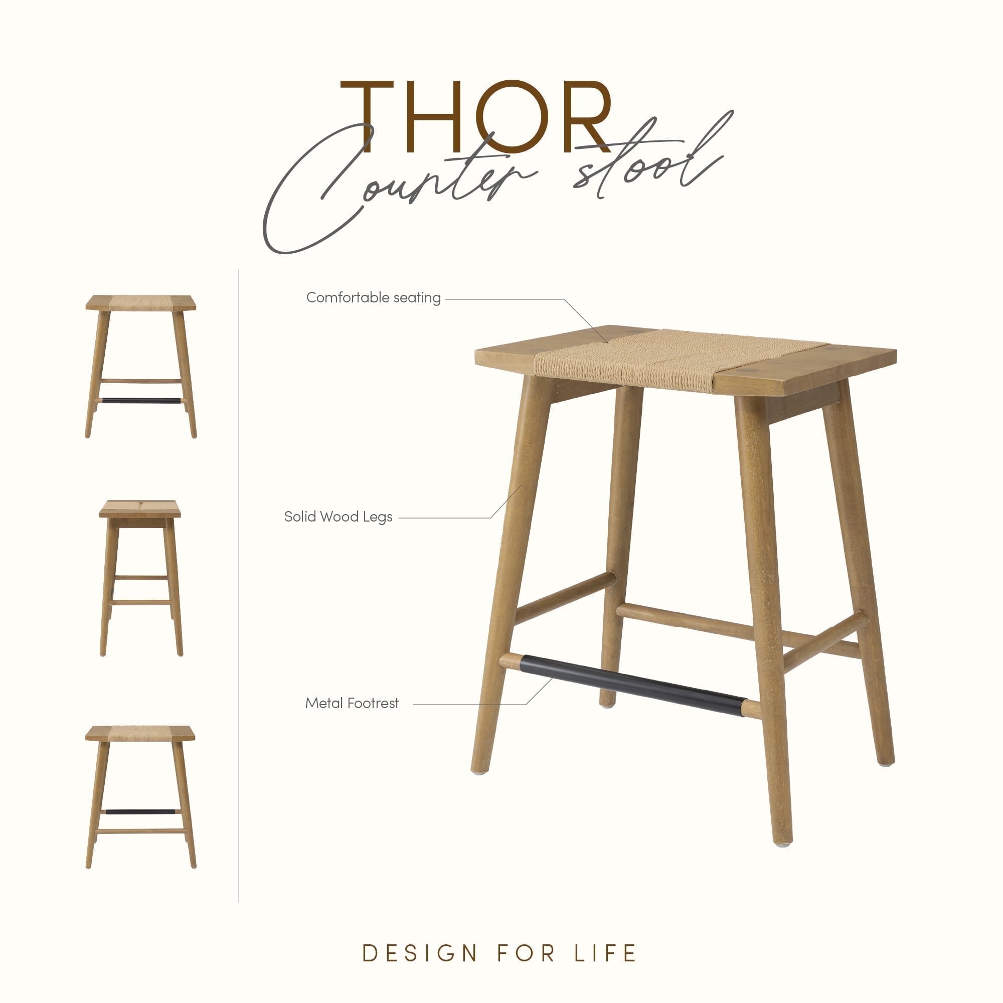 AllForWood Thor Wicker Counter Height Wood Barstool with Paper Rope, K ...