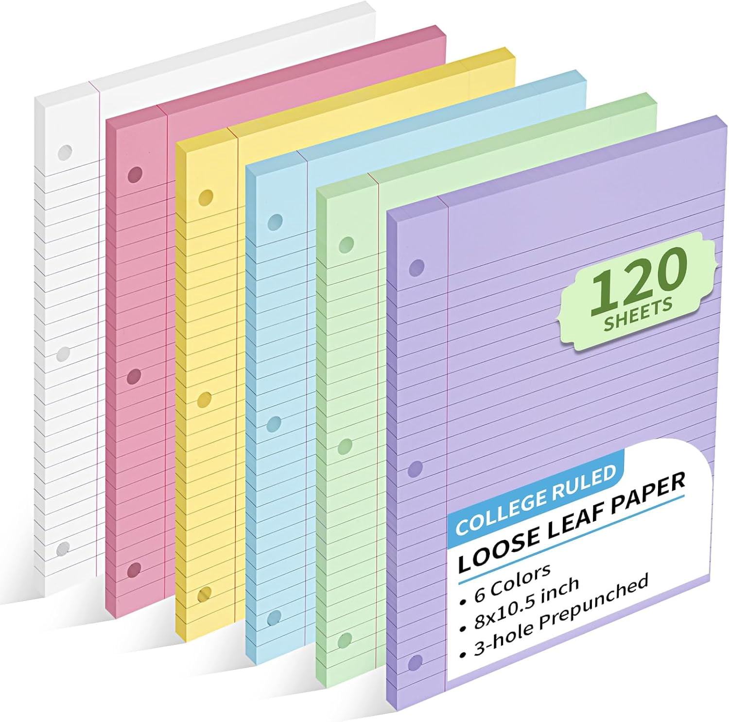 AllWays Plaza 6 Color Loose Leaf Paper College Ruled, 120 Sheets 8" X ...