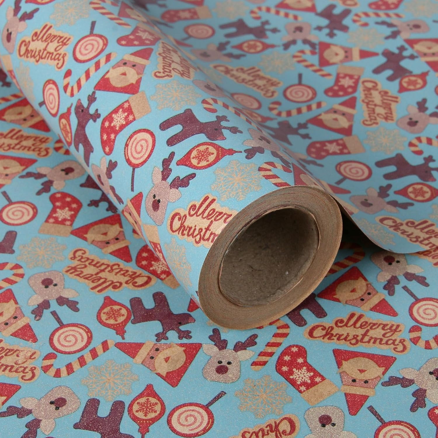 AllWays Plaza Blue Kraft Christmas Wrapping Paper Jumbo Roll, Santa ...