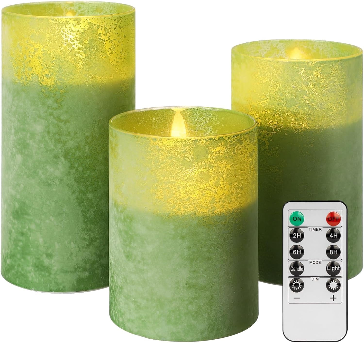 Green Flameless Candles with Remote, Glass Battery Operated LED Pillar ...