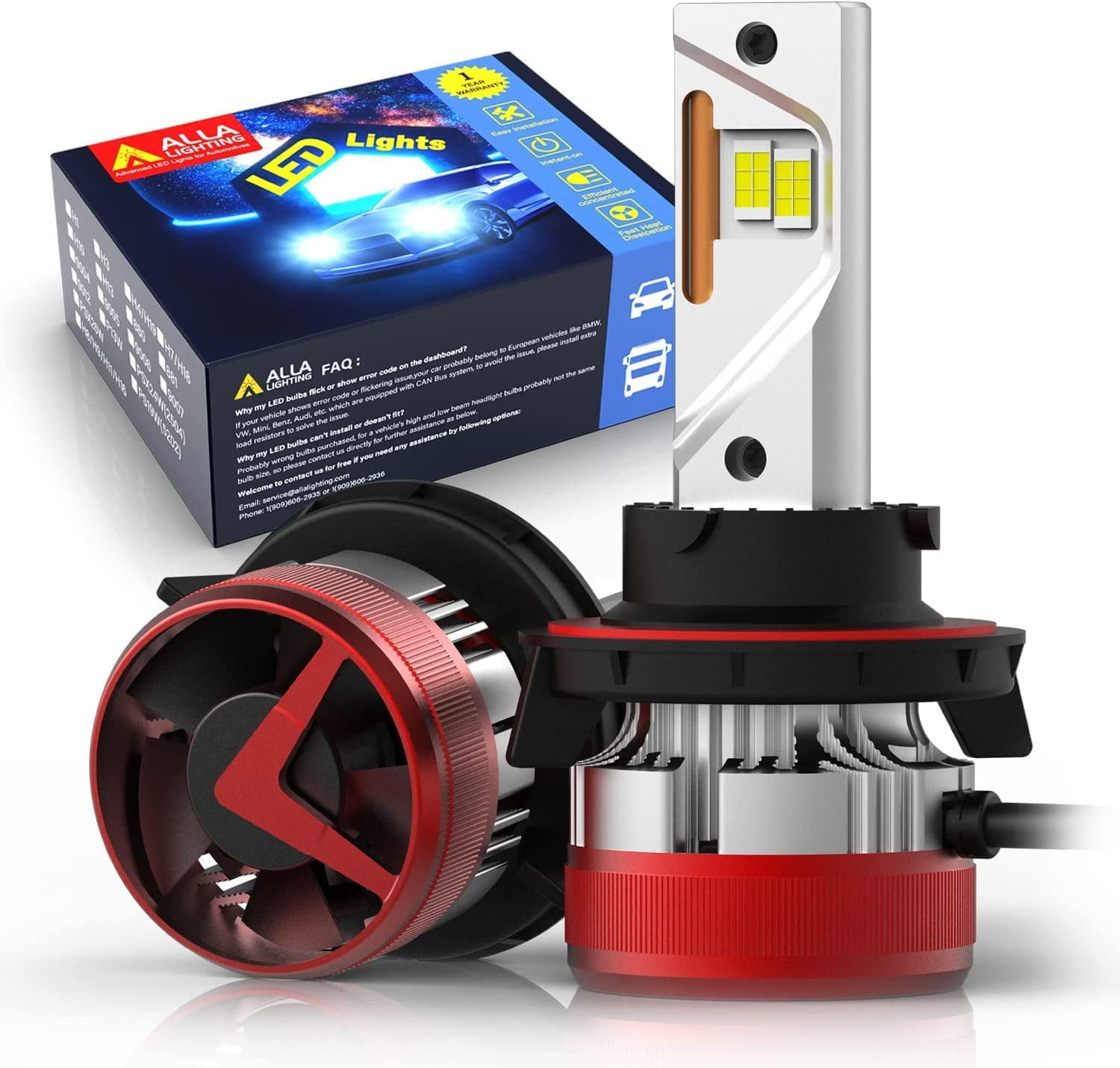 Alla Lighting 12000 Lumens 9008 H13 LED Headlights Bulbs, 6500K Xenon White, Xtreme Super Bright ...