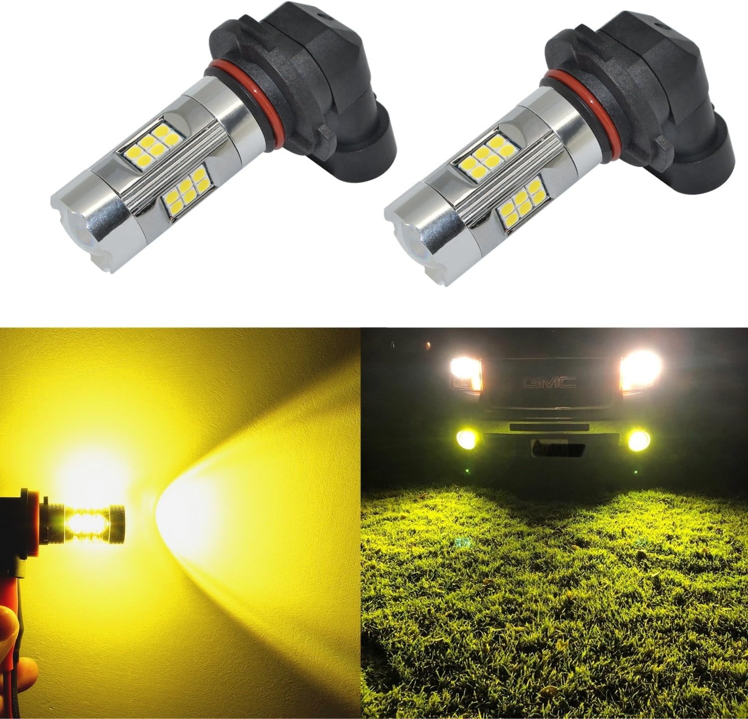 Alla Lighting 3200 Lumens 9006 LED Fog Light Bulb 3000K Golden Yellow High Power 3030 27-SMD ...