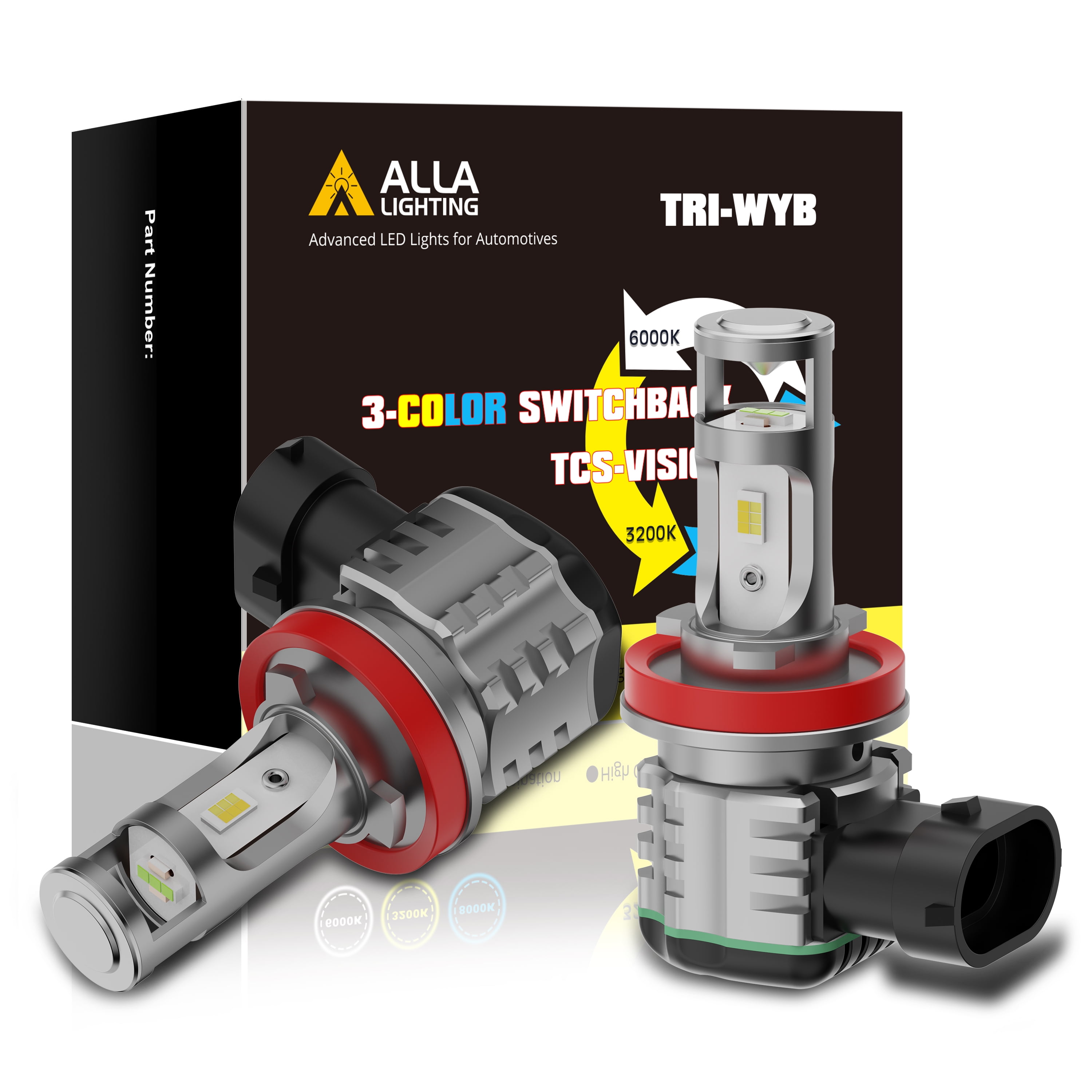 Alla Lighting 5200 Lms 3-Color Switchback LED H8 H11 H16 Fog Lights Bulbs, Extremely Super ...