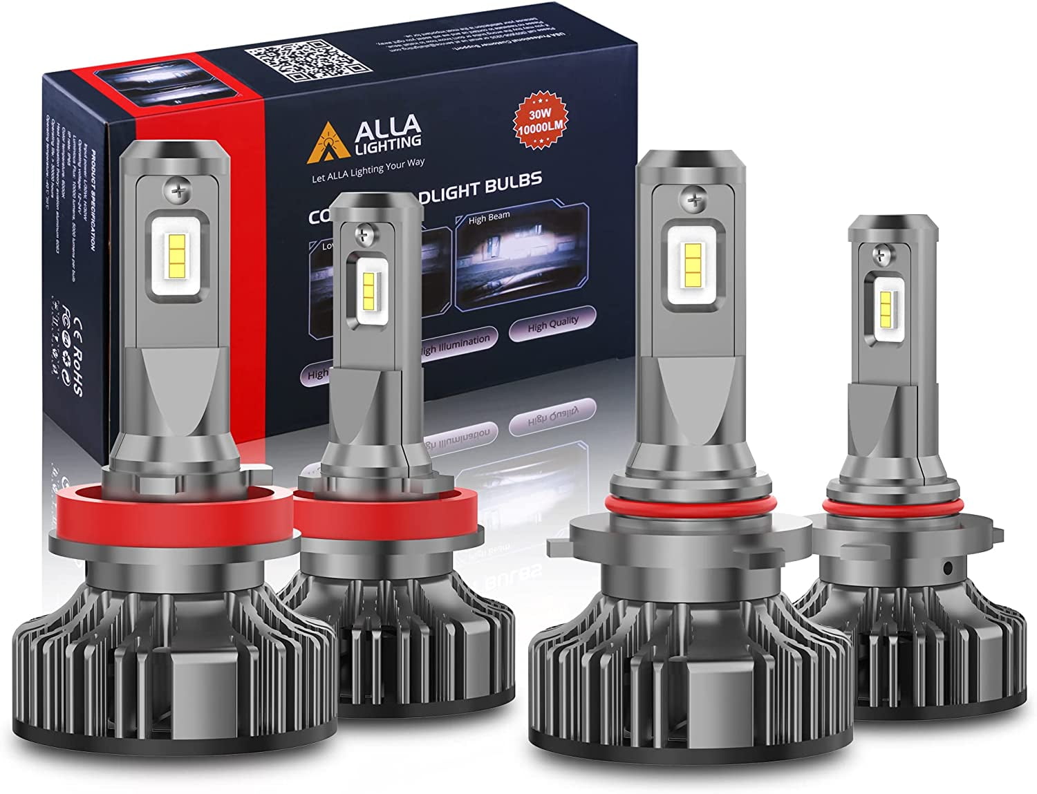Alla Lighting H11 9005 LED Bulbs Headlights Combo, High Beam ...