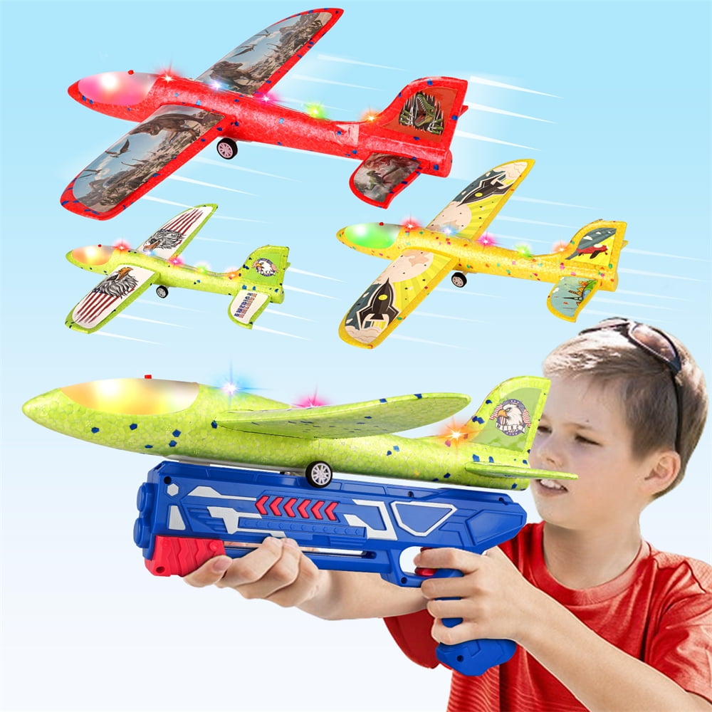 Allaugh 3 Pack Catapult Airplane with Stickers, LED Lights and Launcher ...
