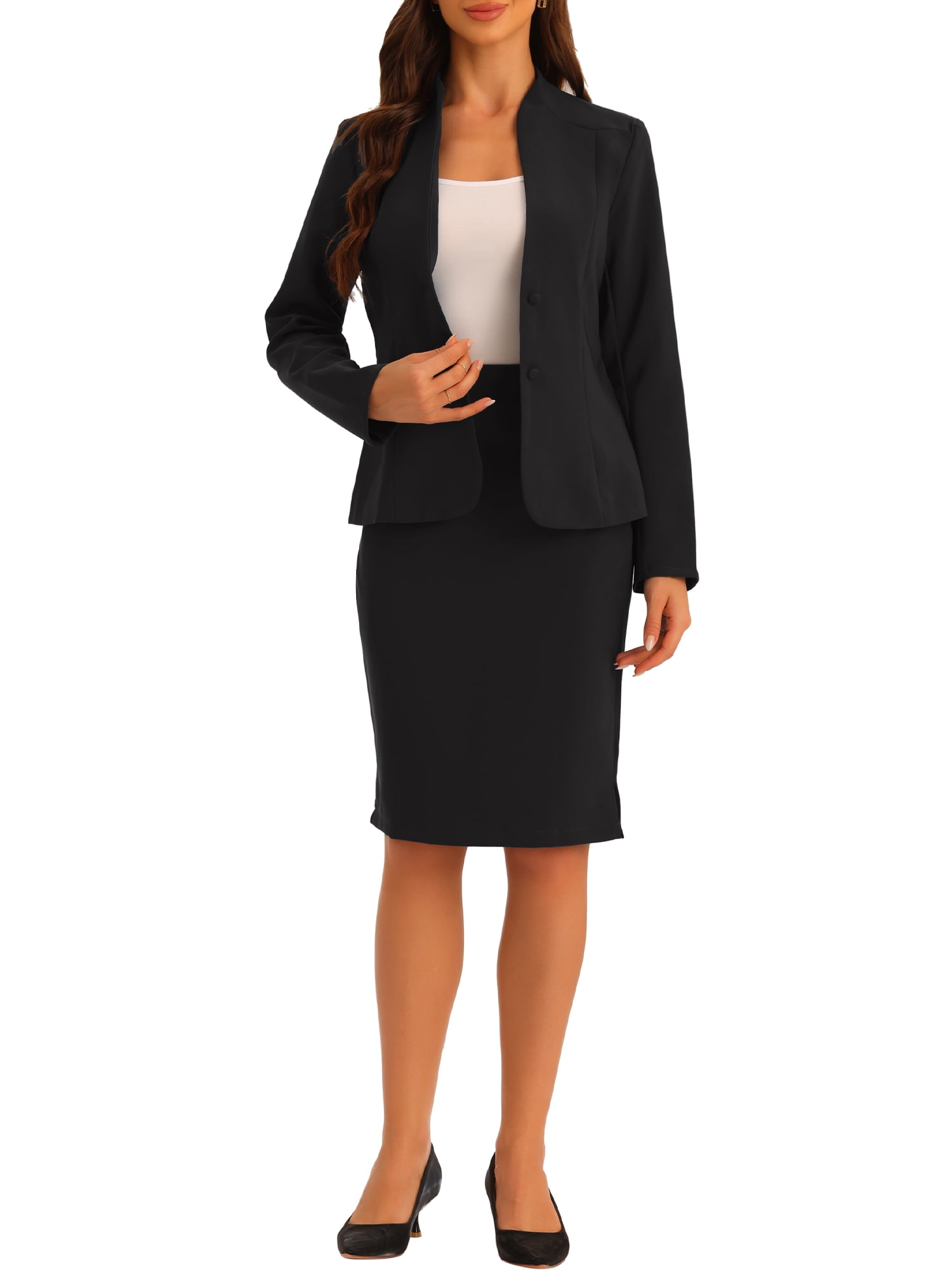 Allegra K 2 Piece Suit Skirt Set for Women's Business Formal Collarless ...