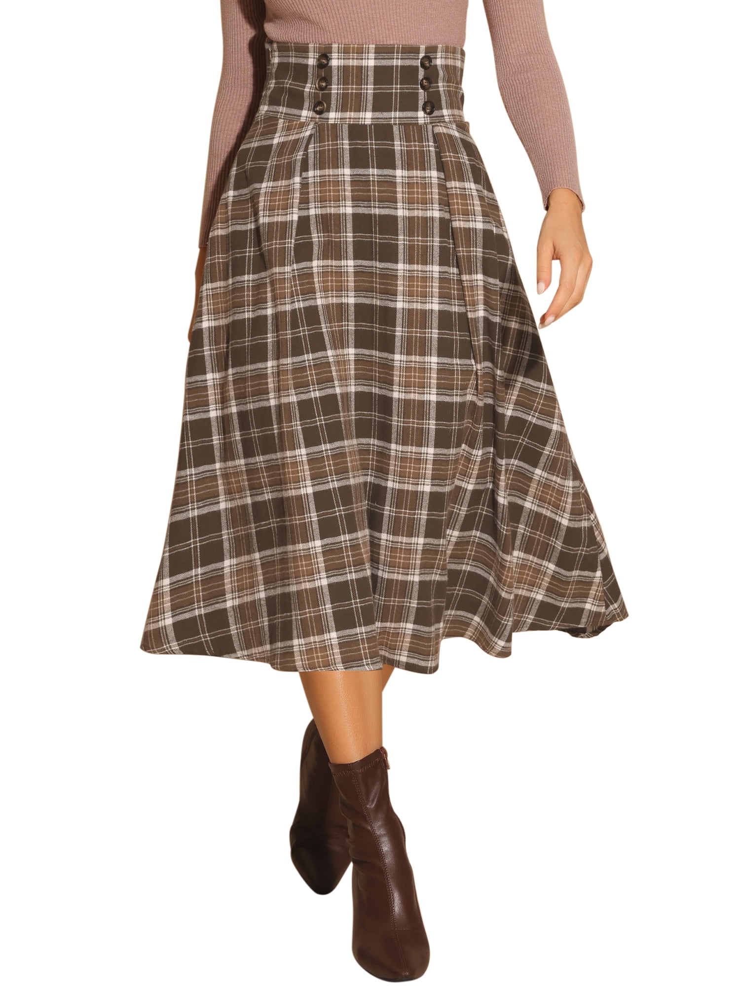 Allegra K Women's Vintage Plaid A-Line Midi Skirt, High Elastic Waist ...