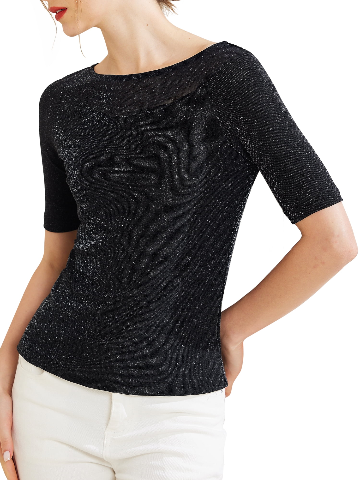 INSPIRE CHIC Boat Neck Top for Women's Stretchy Half Sleeve Mesh Casual ...