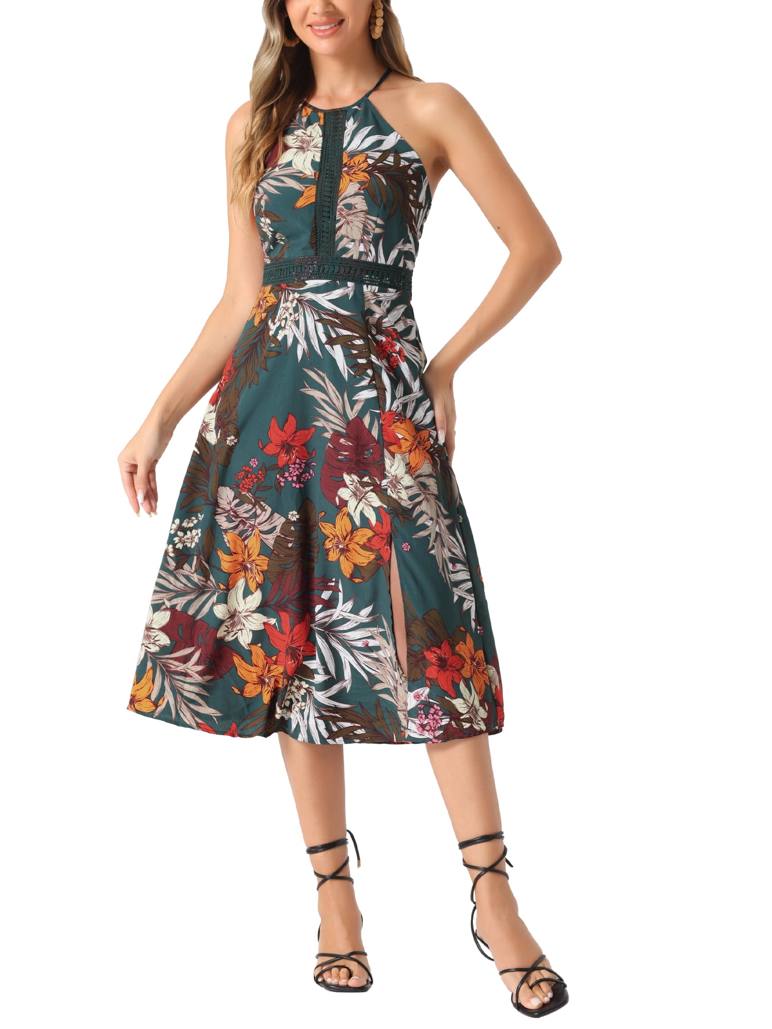 INSPIRE CHIC Boho Floral for Women's Split Sleeveless Halter Neck Midi ...