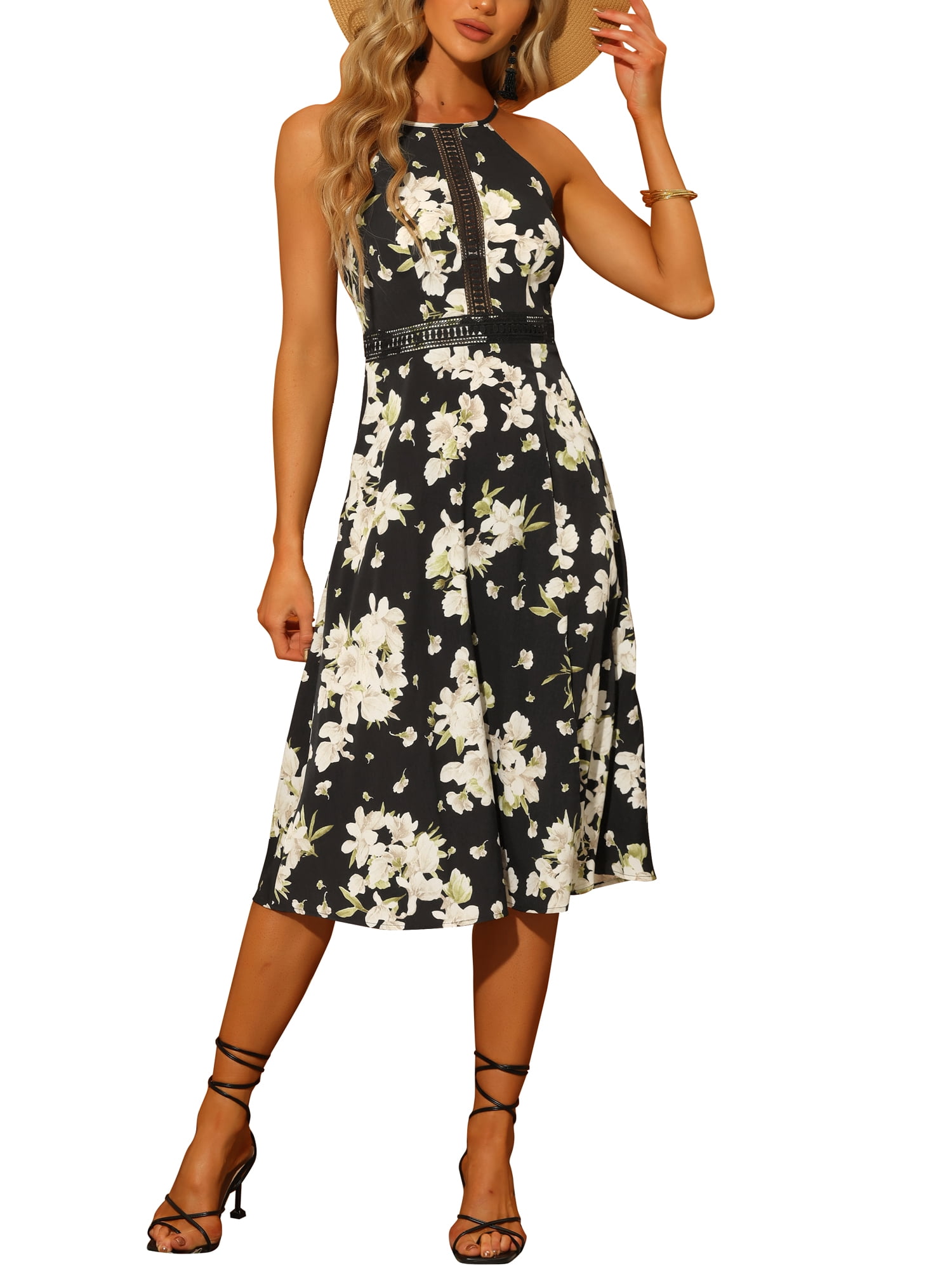 Allegra K Boho Floral for Women's Split Sleeveless Halter Neck Midi ...