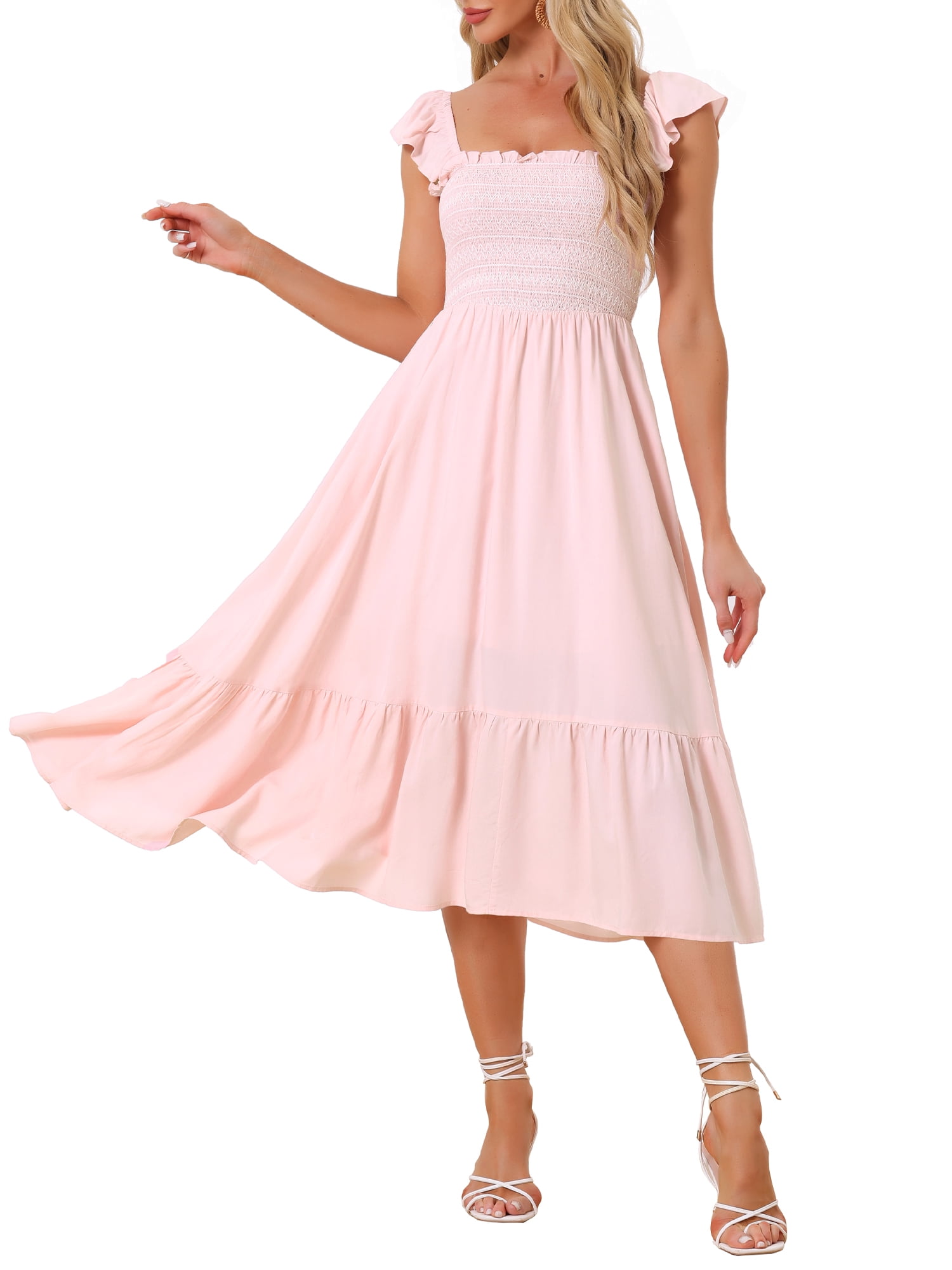 INSPIRE CHIC Women's Sundress Square Neck Ruffle Tiered Flowy Smocked ...