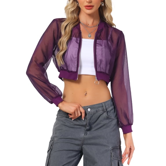 INSPIRE CHIC Bomber Crop Jacket for Women's Sheer Mesh Lightweight Long ...