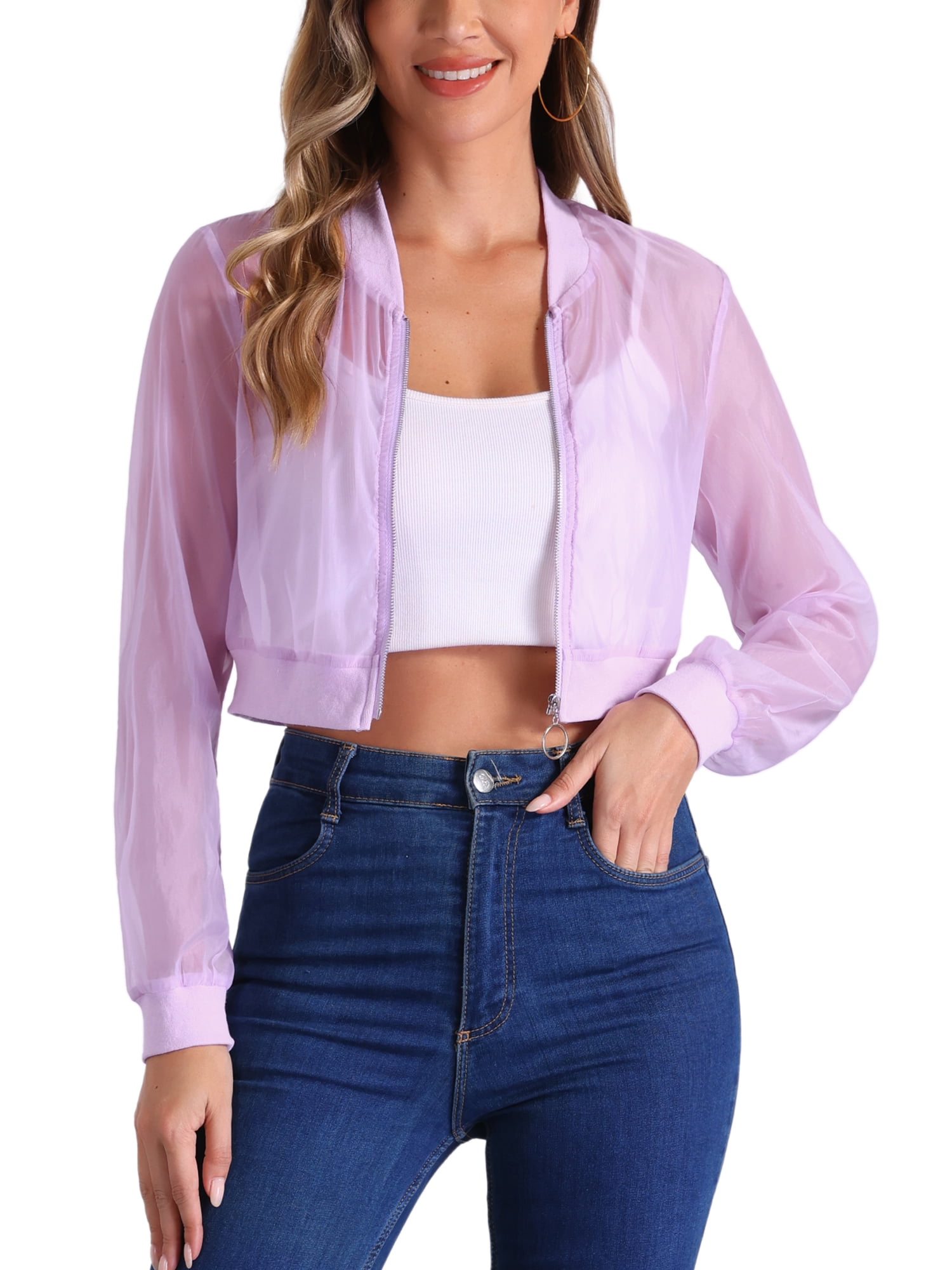 INSPIRE CHIC Bomber Jacket for Women's Long Sleeve Crop Mesh Sheer ...