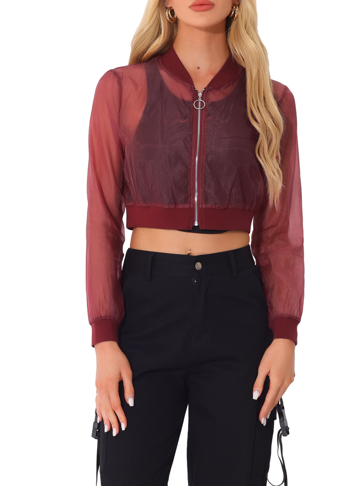Allegra K Bomber Jacket for Women's Long Sleeve Crop Mesh Sheer Jackets ...