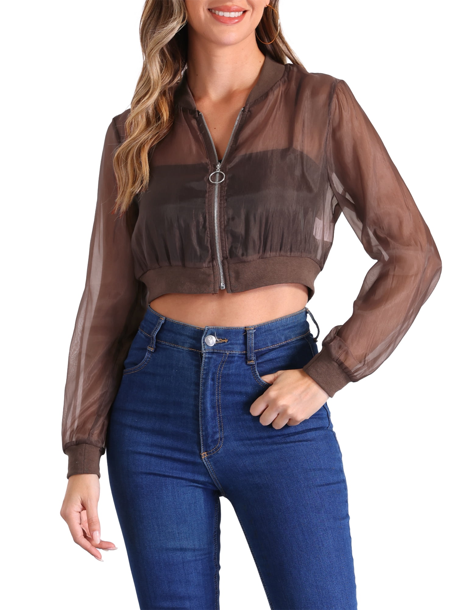 INSPIRE CHIC Bomber Jacket for Women's Long Sleeve Crop Mesh Sheer Jackets XS Brown - Walmart.com