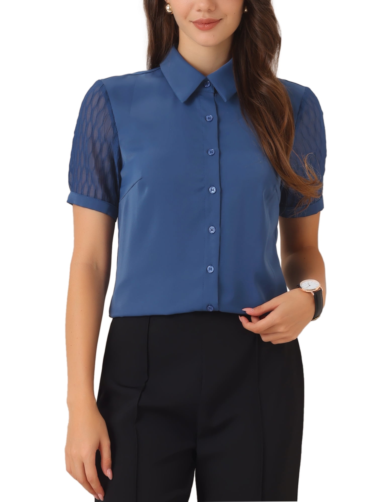 INSPIRE CHIC Button Down Shirt for Women's Sheer Short Sleeve Point ...
