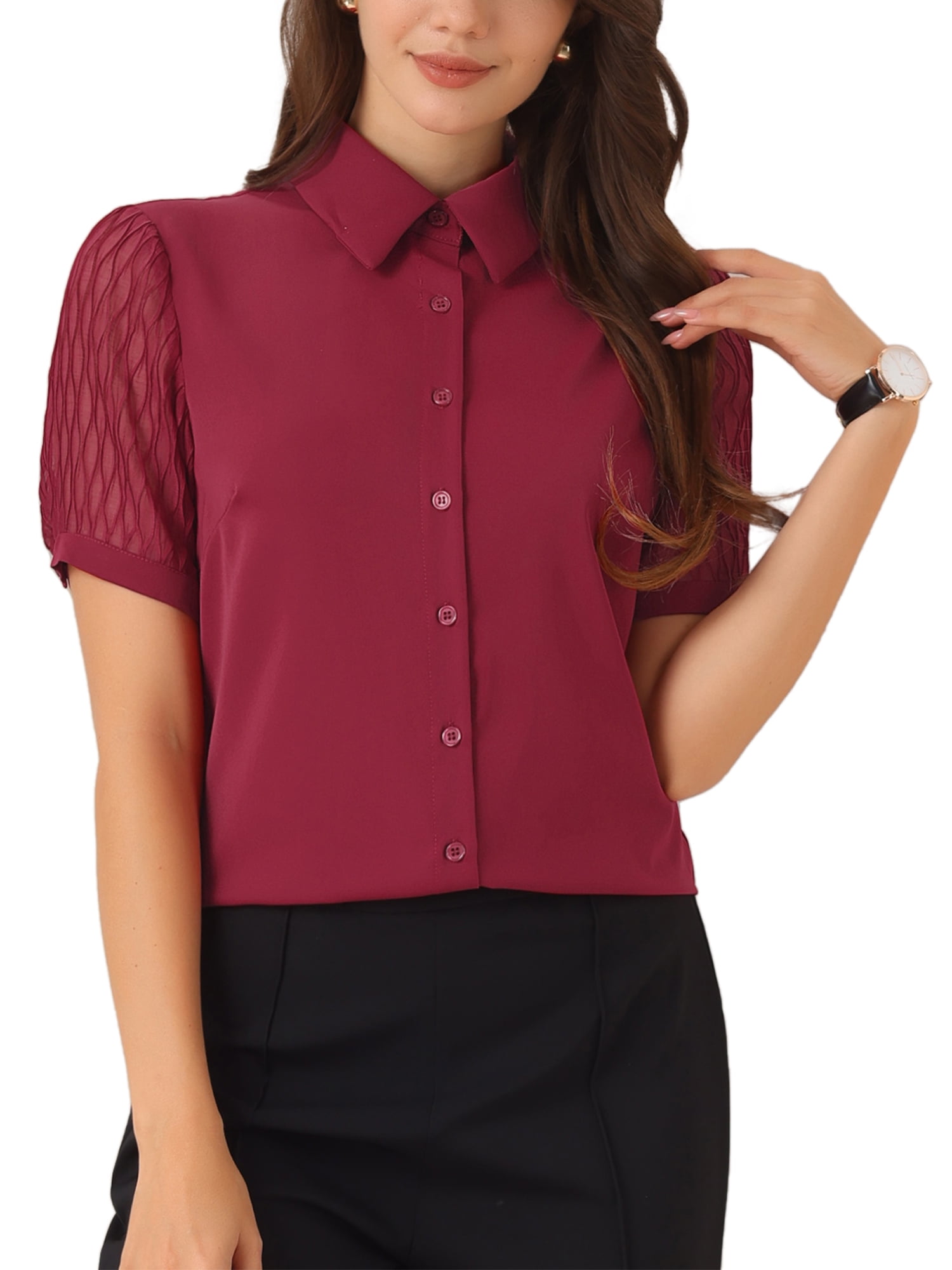 INSPIRE CHIC Button Down Shirt for Women's Sheer Short Sleeve Point ...
