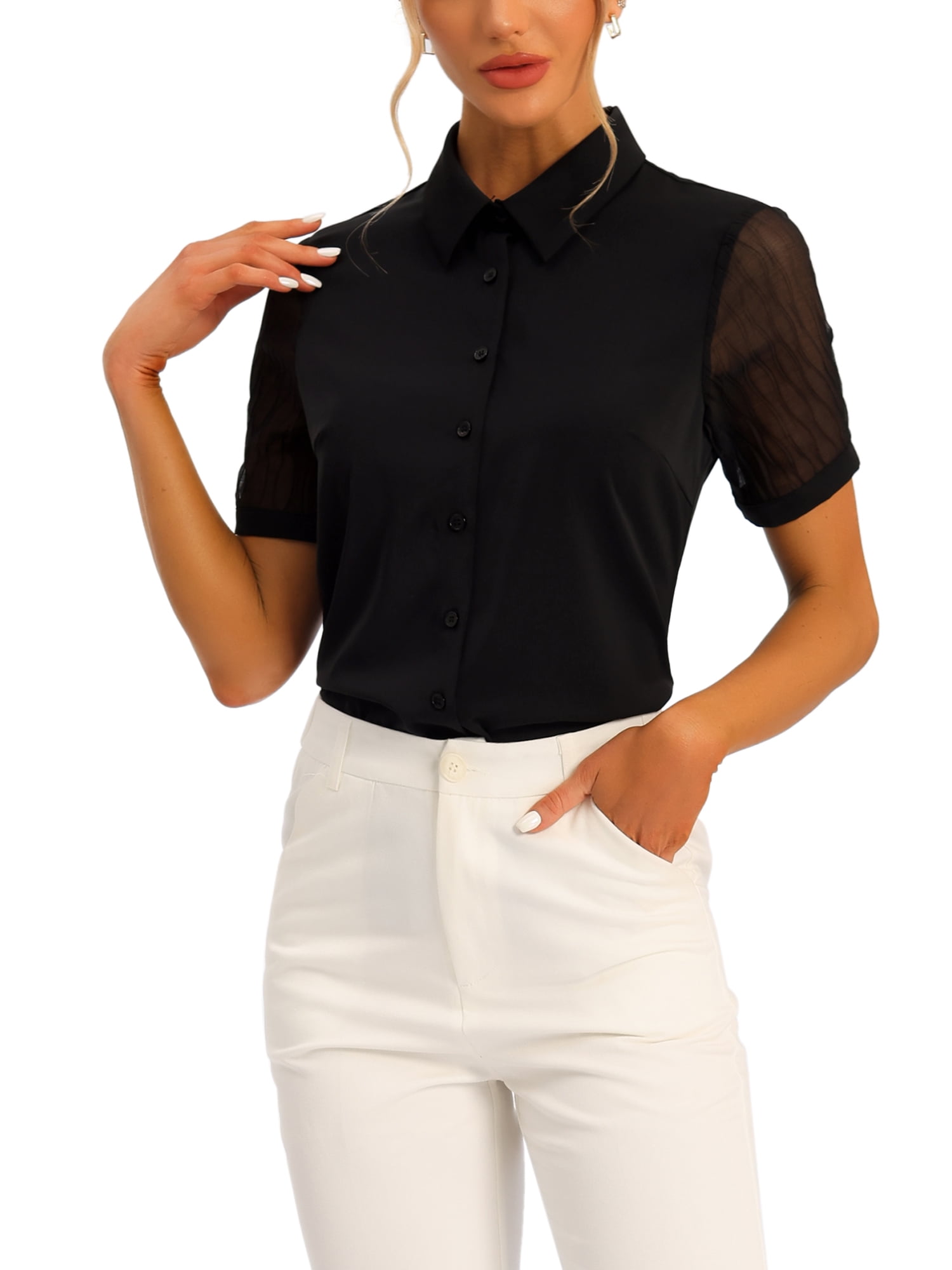 INSPIRE CHIC Button Down Shirt for Women's Sheer Short Sleeve Point ...