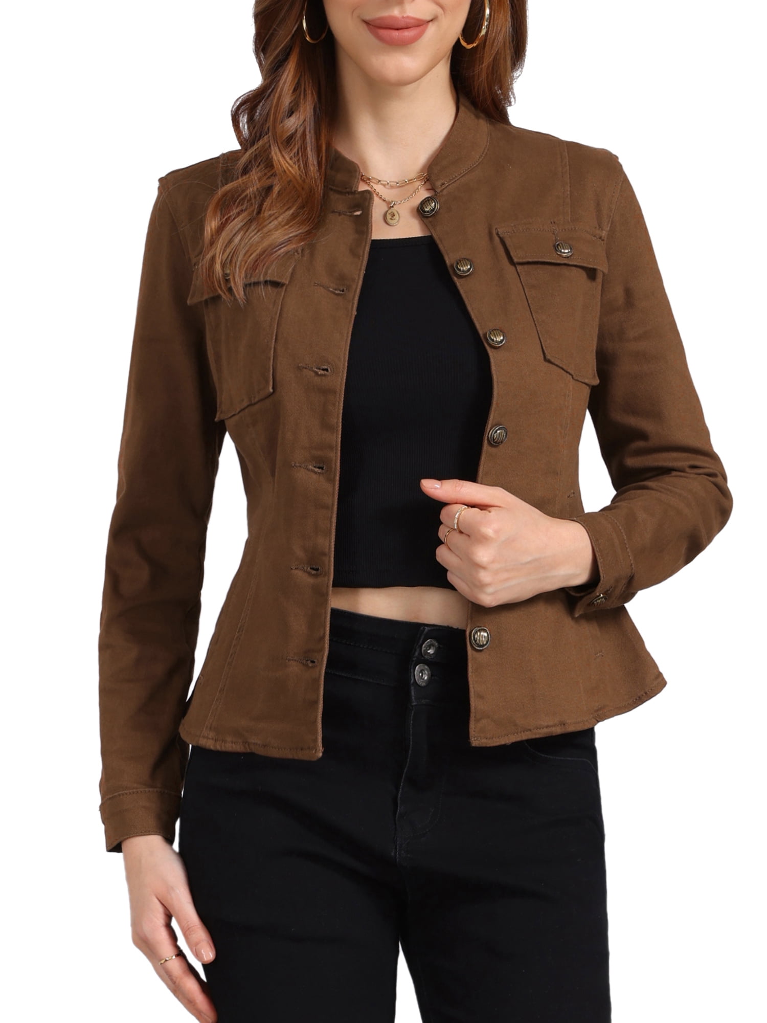 INSPIRE CHIC Women's Denim Jackets Stand Collar Long Sleeves Short Jean ...