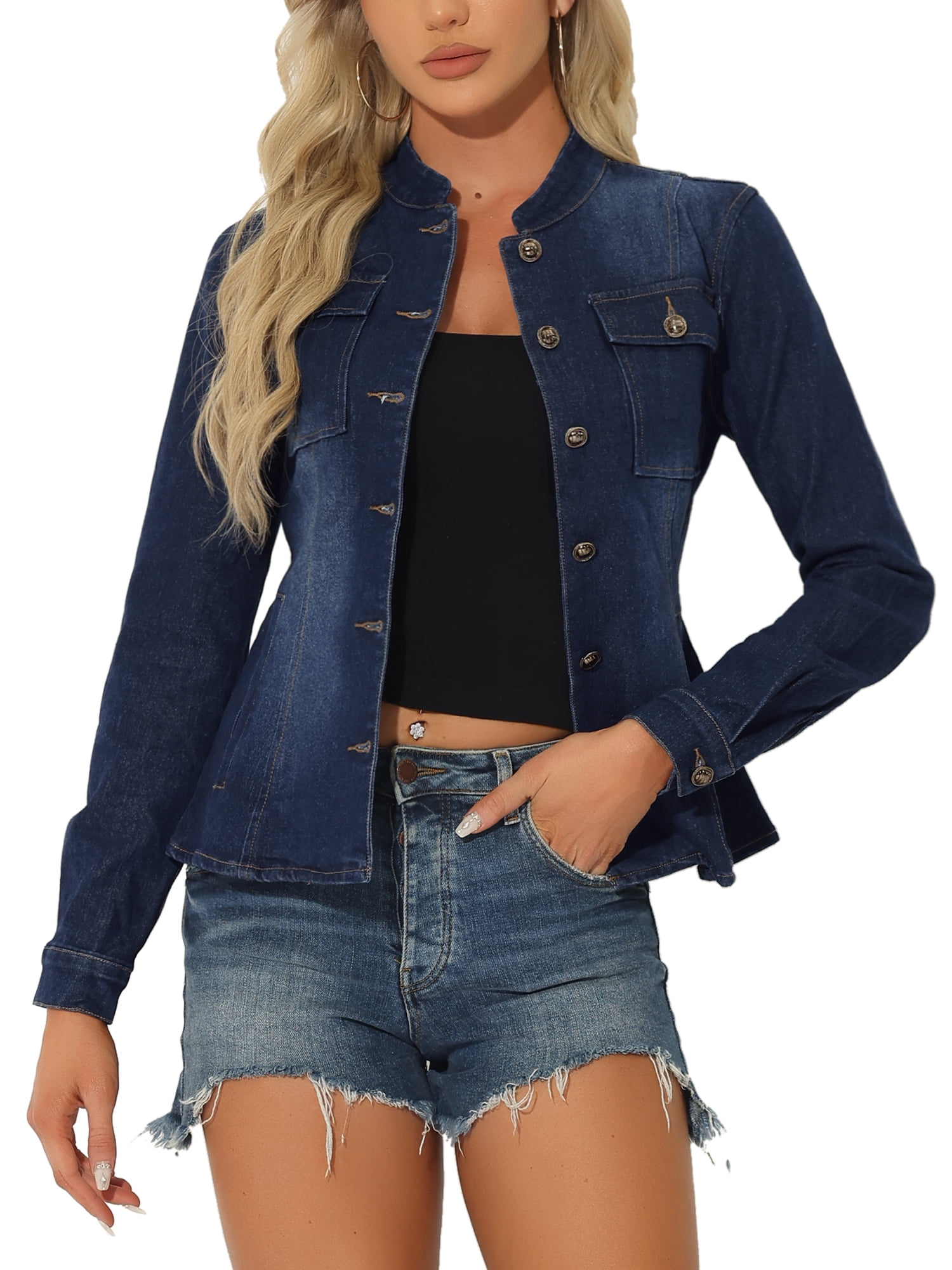 INSPIRE CHIC Women's Denim Jacket Stand Collar Long Sleeves Flap ...
