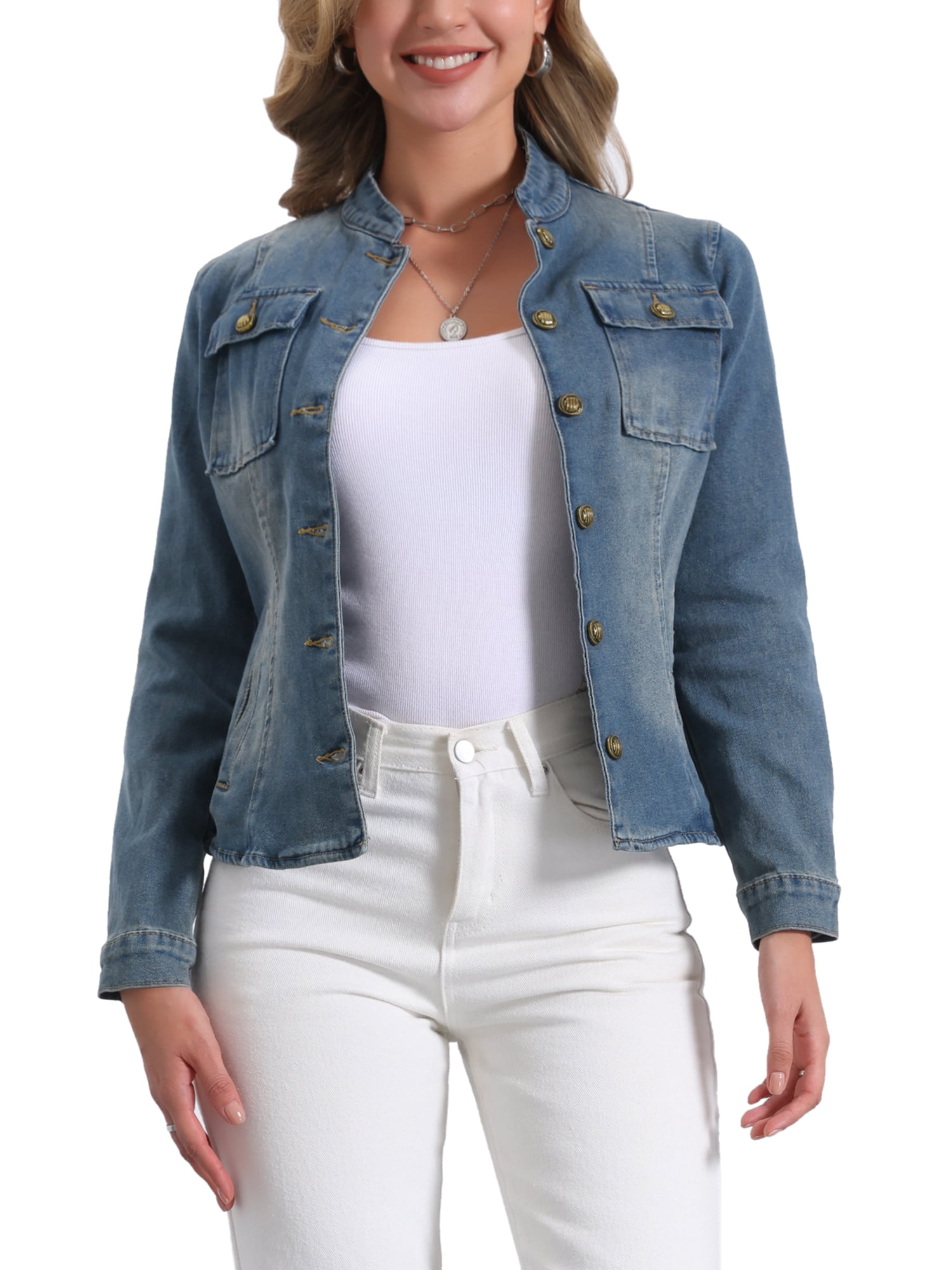 INSPIRE CHIC Women's Denim Jacket Stand Collar Long Sleeves Flap ...